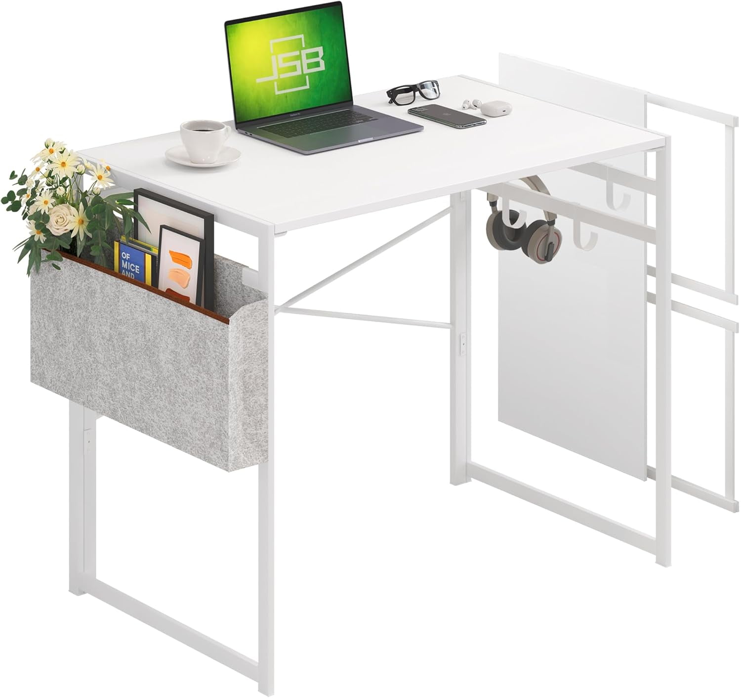 JSB 31.5" Small Folding Desk, White Computer Desk with Storage Bag and ...