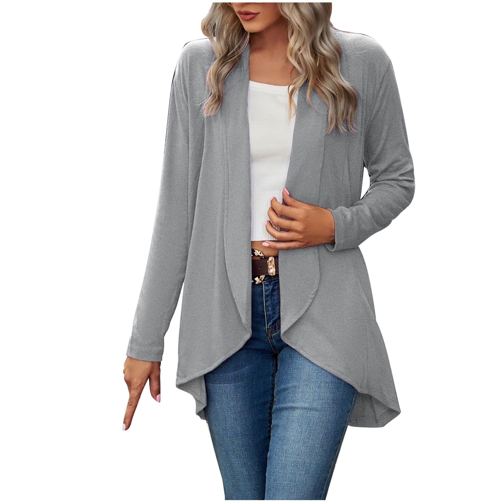 JSGEK Women's Fashion Open Front Swing Cardigan Long Sleeve Solid ...