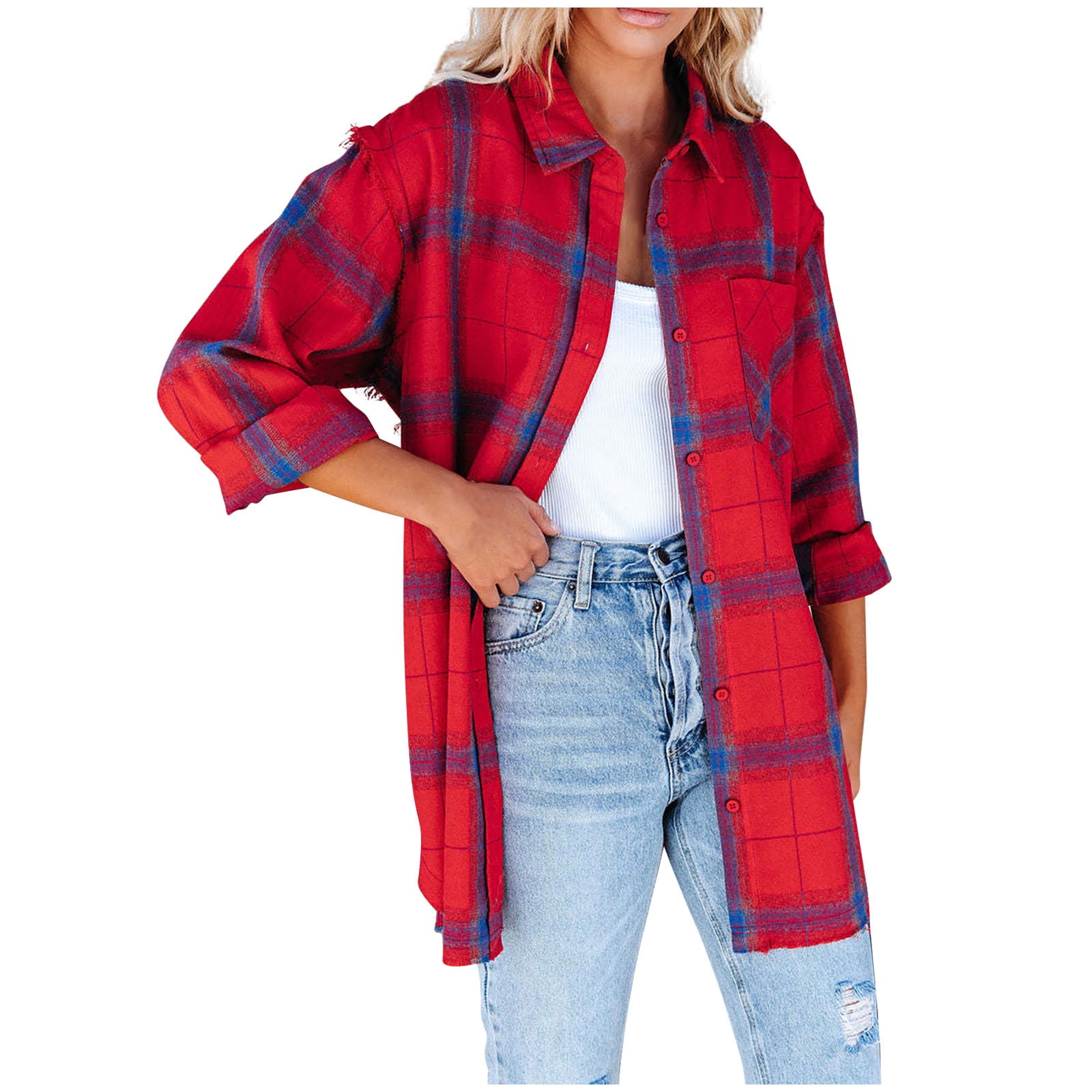JSGEK Savings Women's Casual Fashion Flannel Jacket Button Down Plaid ...