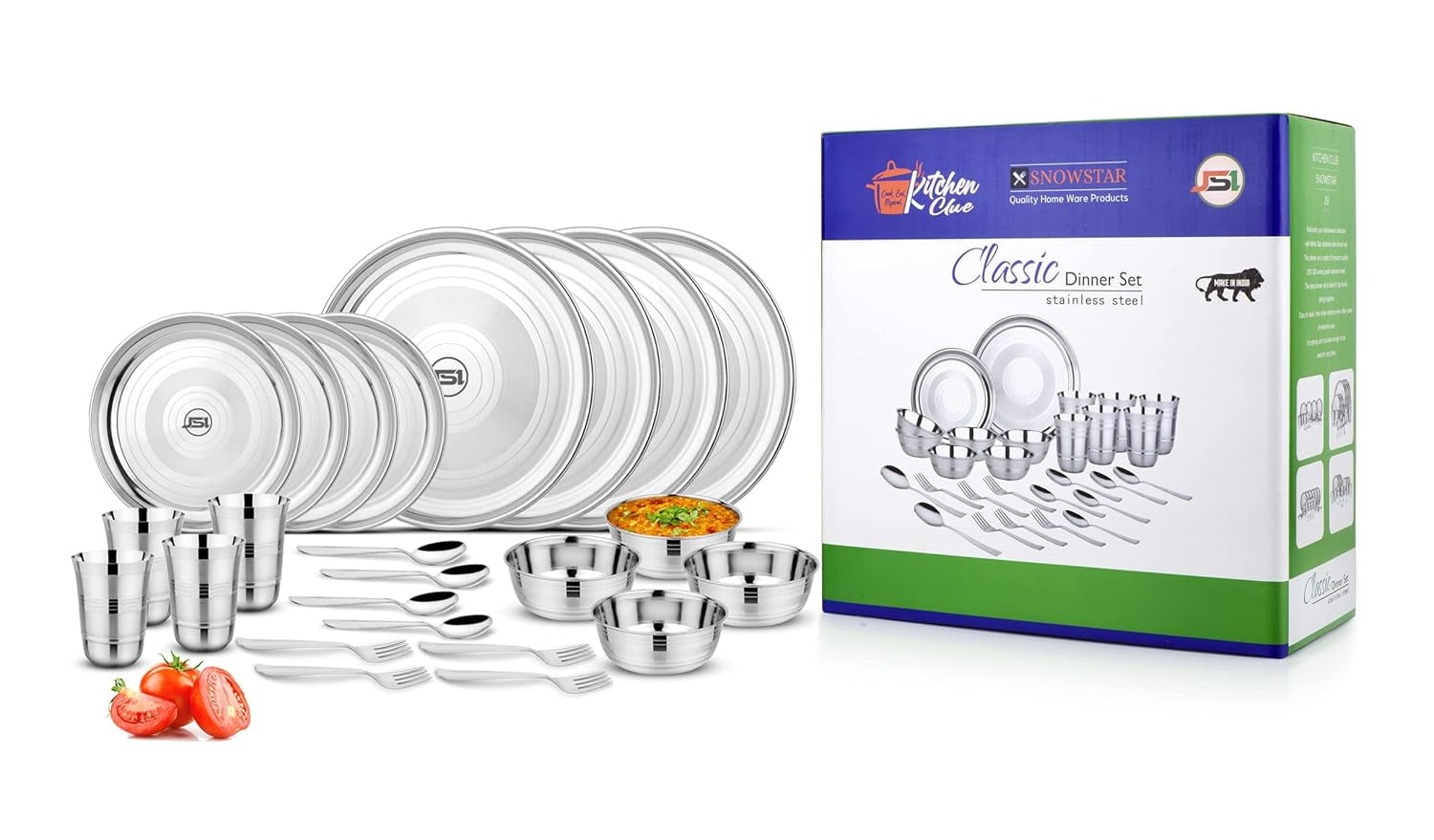 JSI Stainless Steel Dinner Set for Kitchen I Set of 24 Pcs with Siver Touch Design I Highly ...