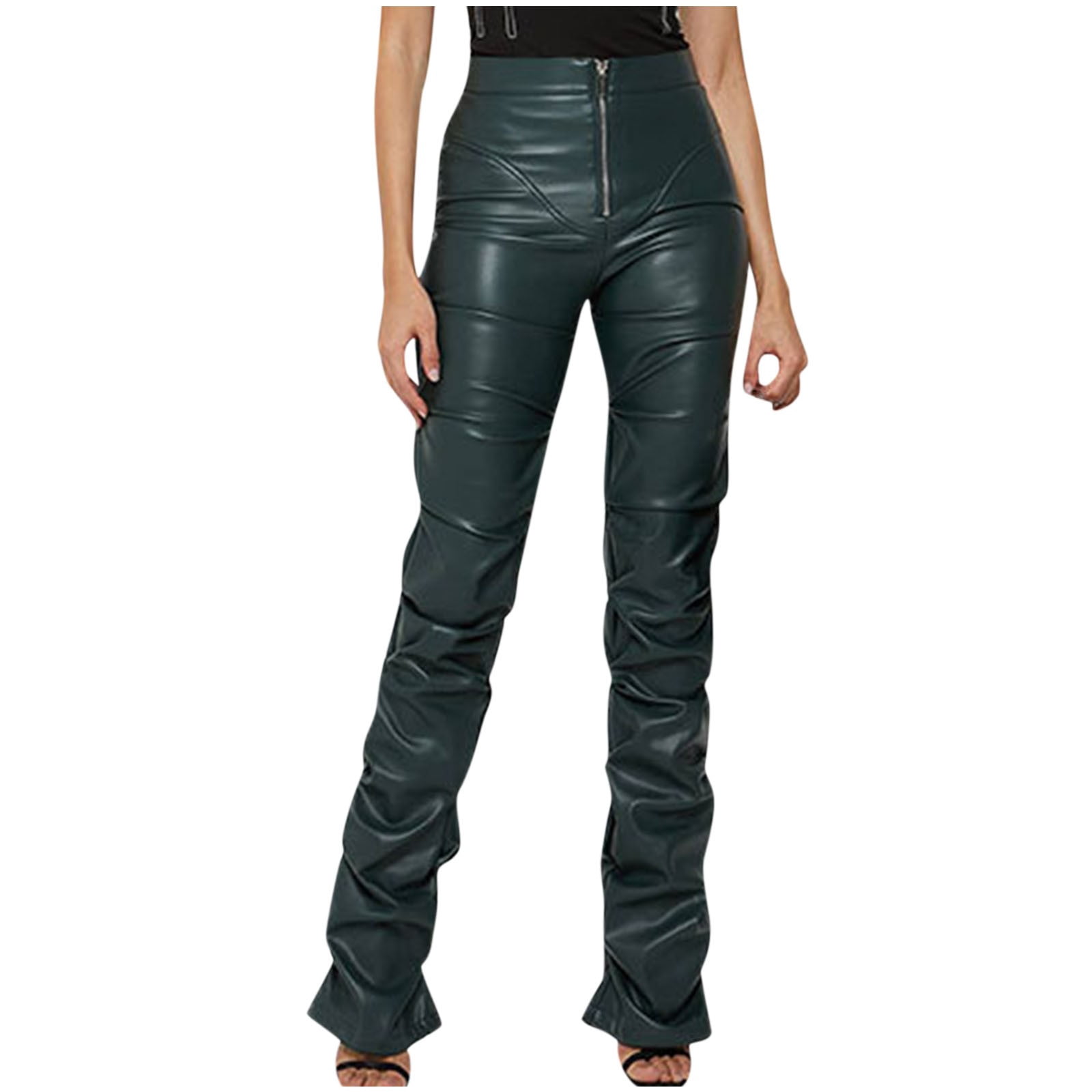 JSKUMAR Women Trendy Zipper High Waisted Faux PU Leather Vintage Pants ...