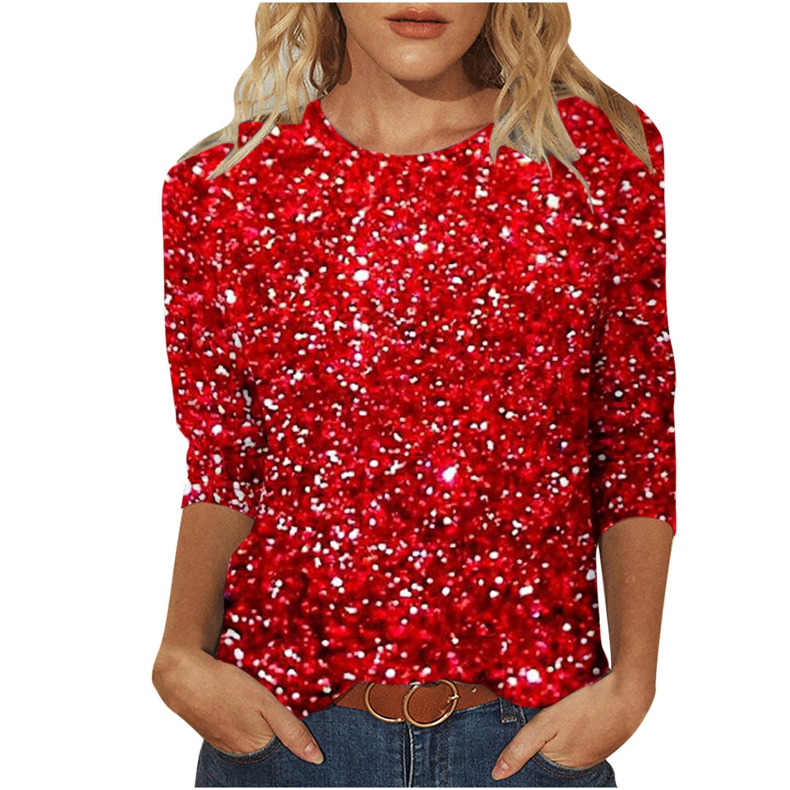 Savings Women's Casual Tops 3/4 Sleeve Shirts Glitter Sequins Print ...