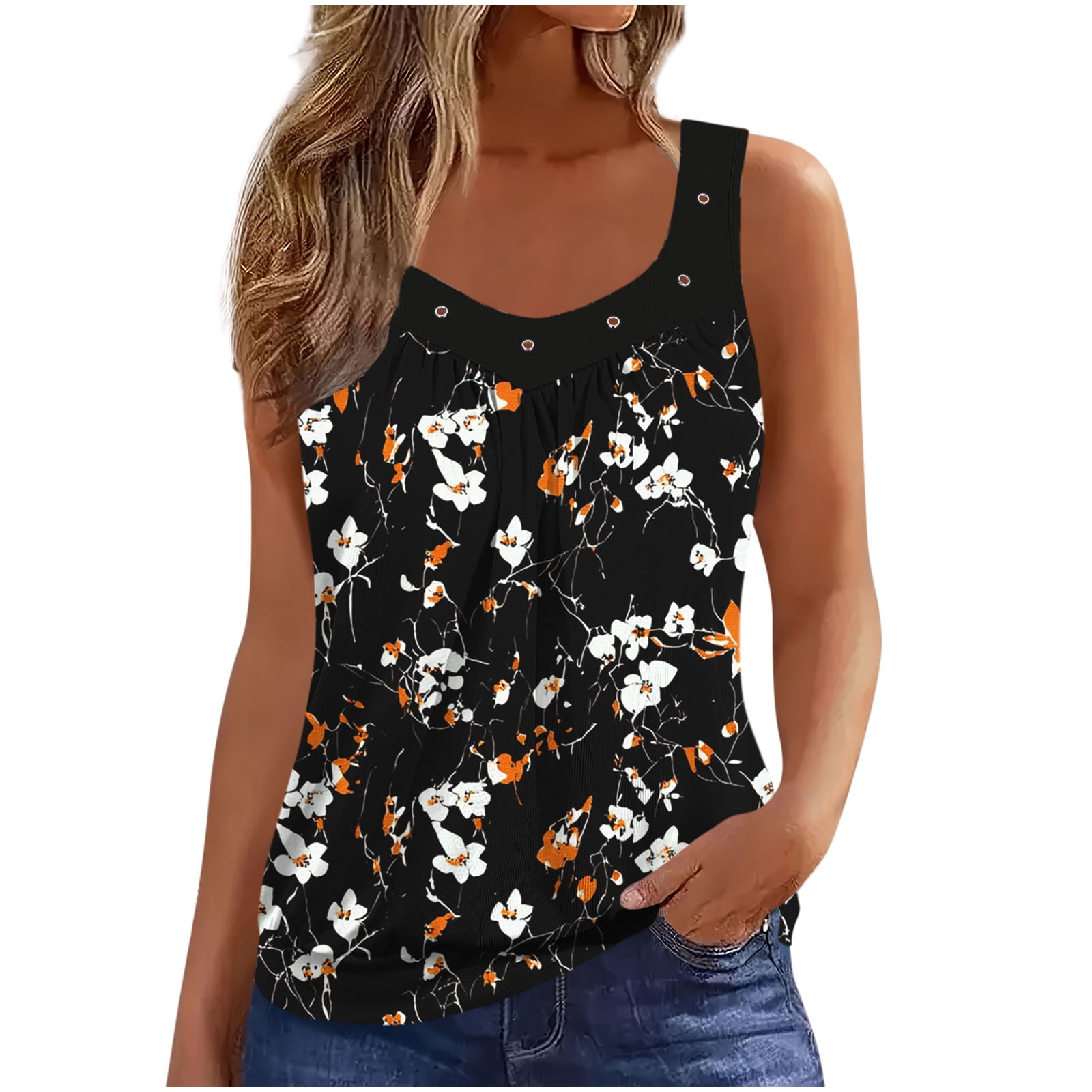 JSKUMAR Women's Color Block Ruffled Square Collar Tank Tops Spring ...