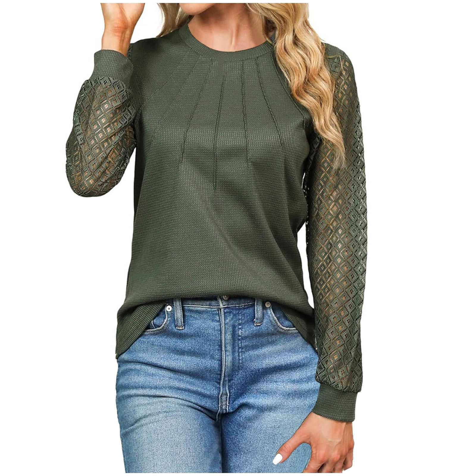 JSKUMAR Women's Lace Patchwork Long Sleeve Crewneck Hollow Shirts ...