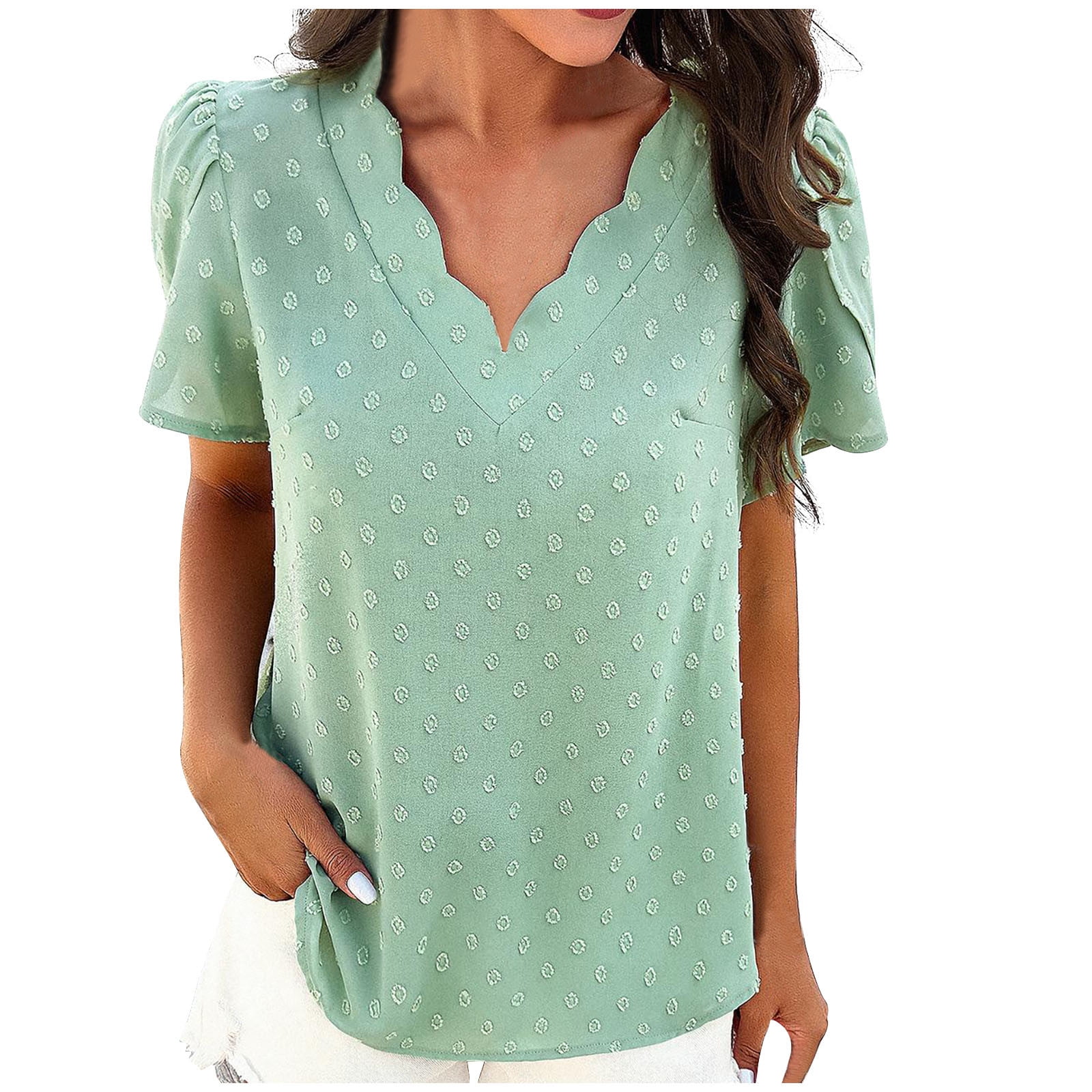 JSKUMAR Women's Short Sleeve V Neck Blouses Shrug Shoulder Tunic Shirts ...