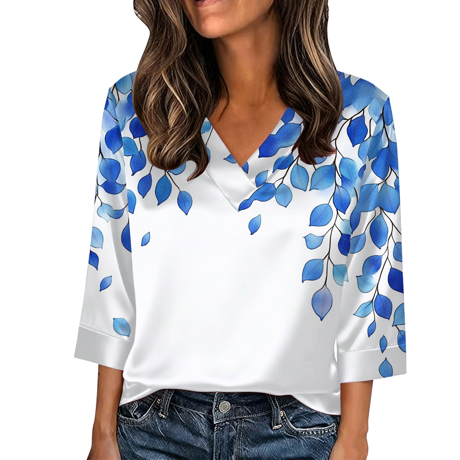 JSKUMAR Women's Silk Satin Tops Trendy Floral Half Sleeve Blouse V Neck ...