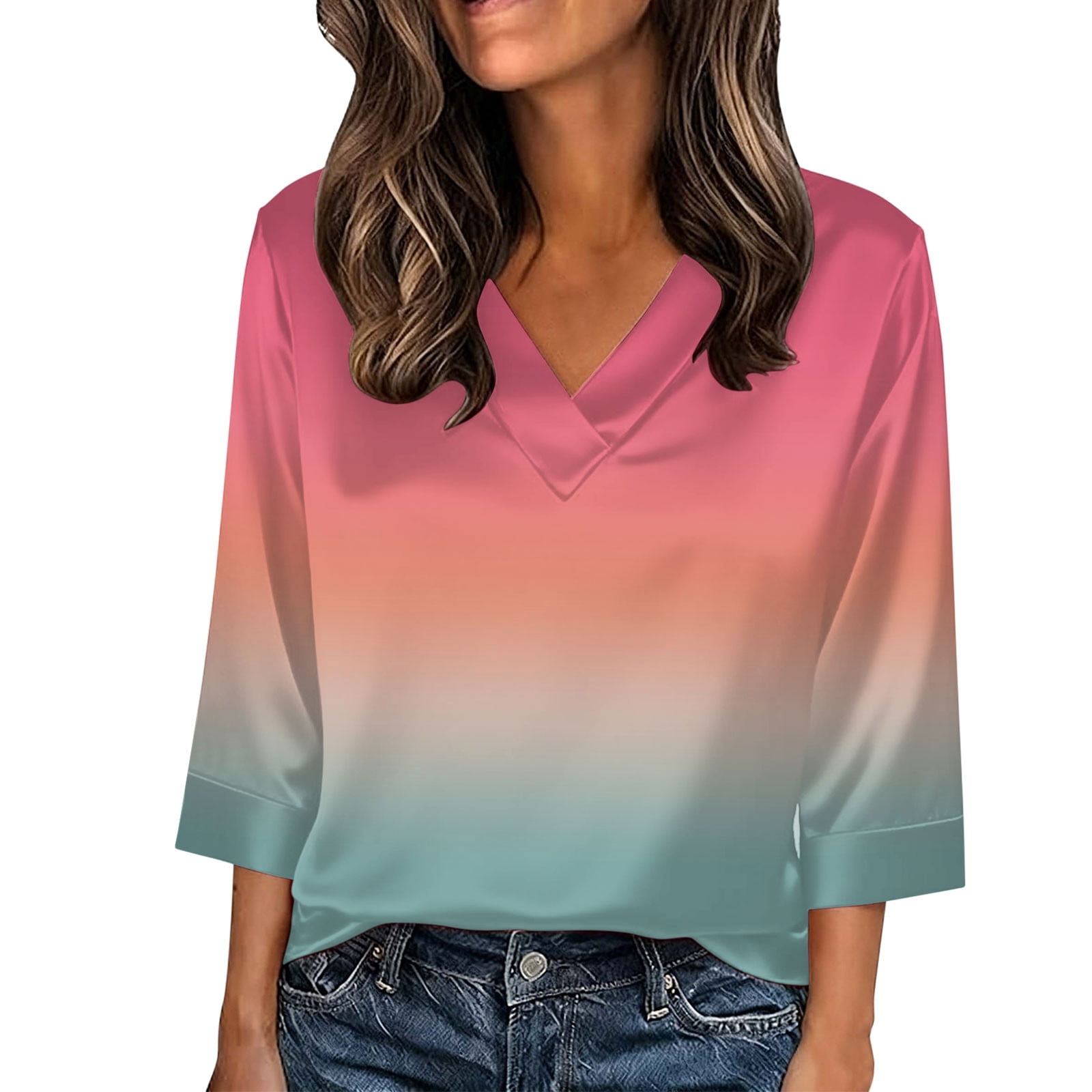 JSKUMAR Women's Silk Satin Tops Trendy Gradient Half Sleeve Blouse V ...