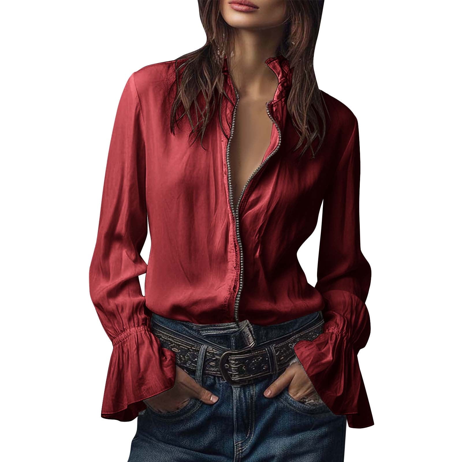 JSKUMAR Womens Dressy Blouse Lantern Long Sleeve Lapel Casual Loose Fit ...