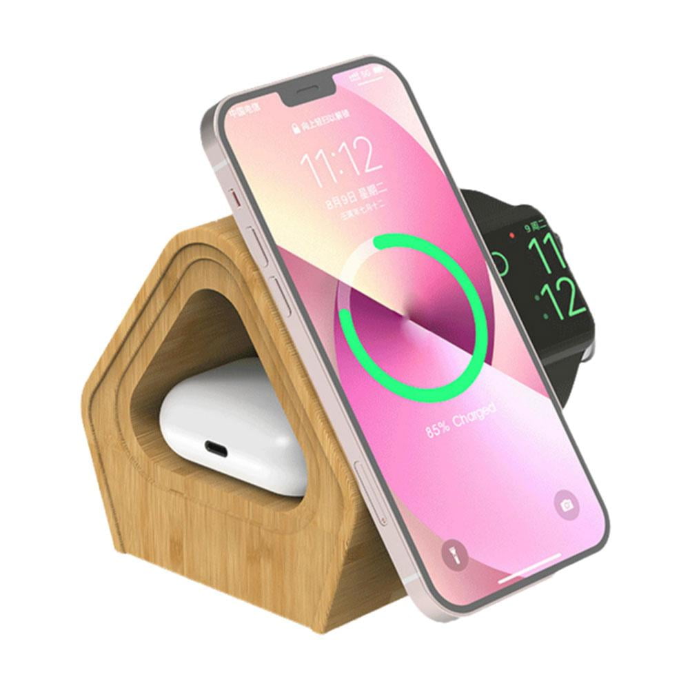 JSNKJLM 3 in 1 Wireless Charging Bamboo Multifunctional Stand for Apple ...