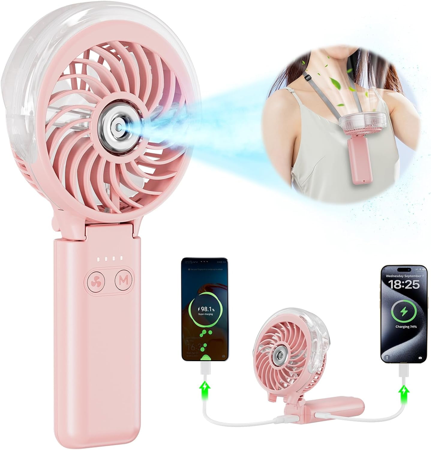 JSNV 5200mAh Upgraded Handheld Misting Fan, Portable Mister Fan Rechargeable, Spray Water Mist ...