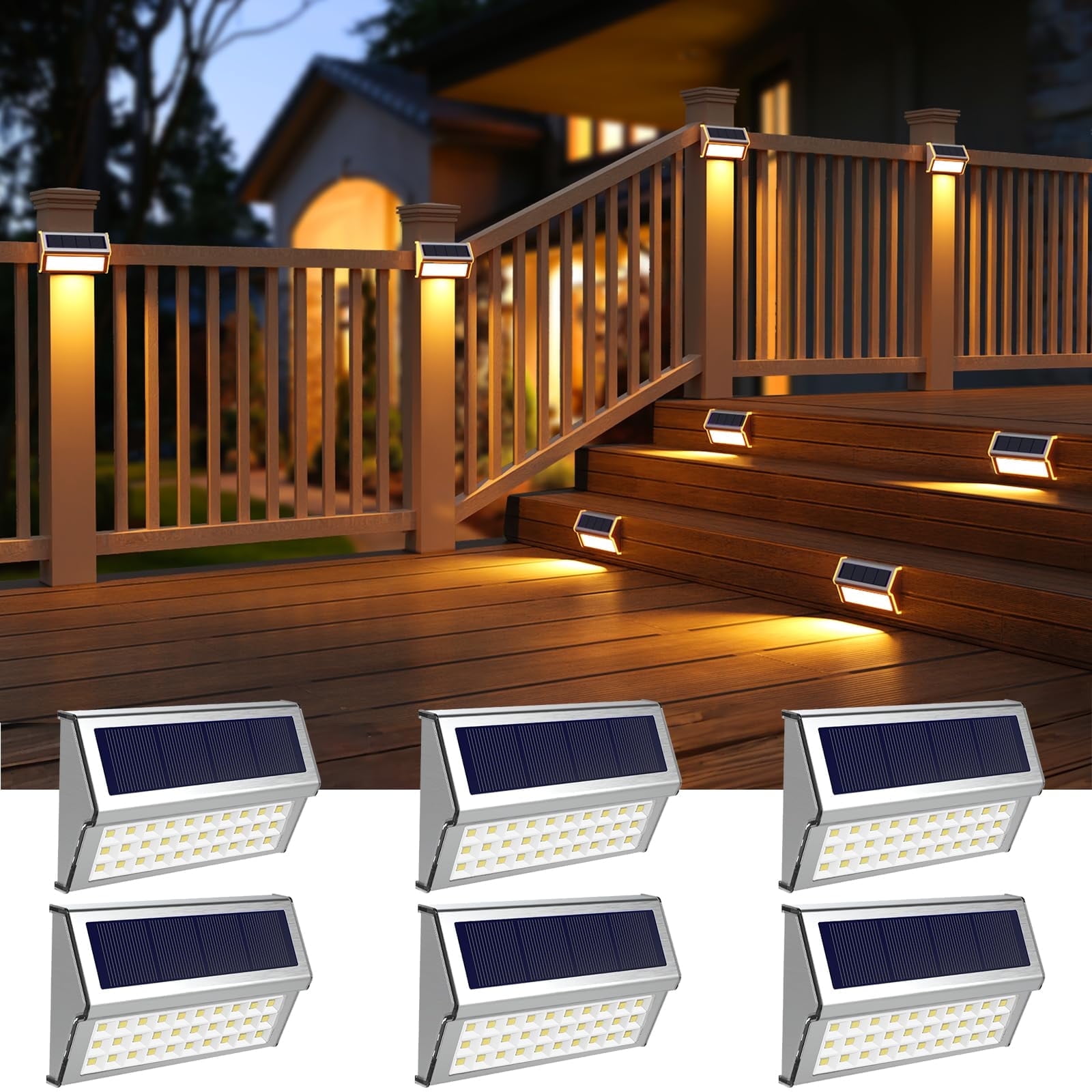 JSOT 6 Pack Solar Step Lights Outdoor, 30 LED Stainless Steel Solar ...