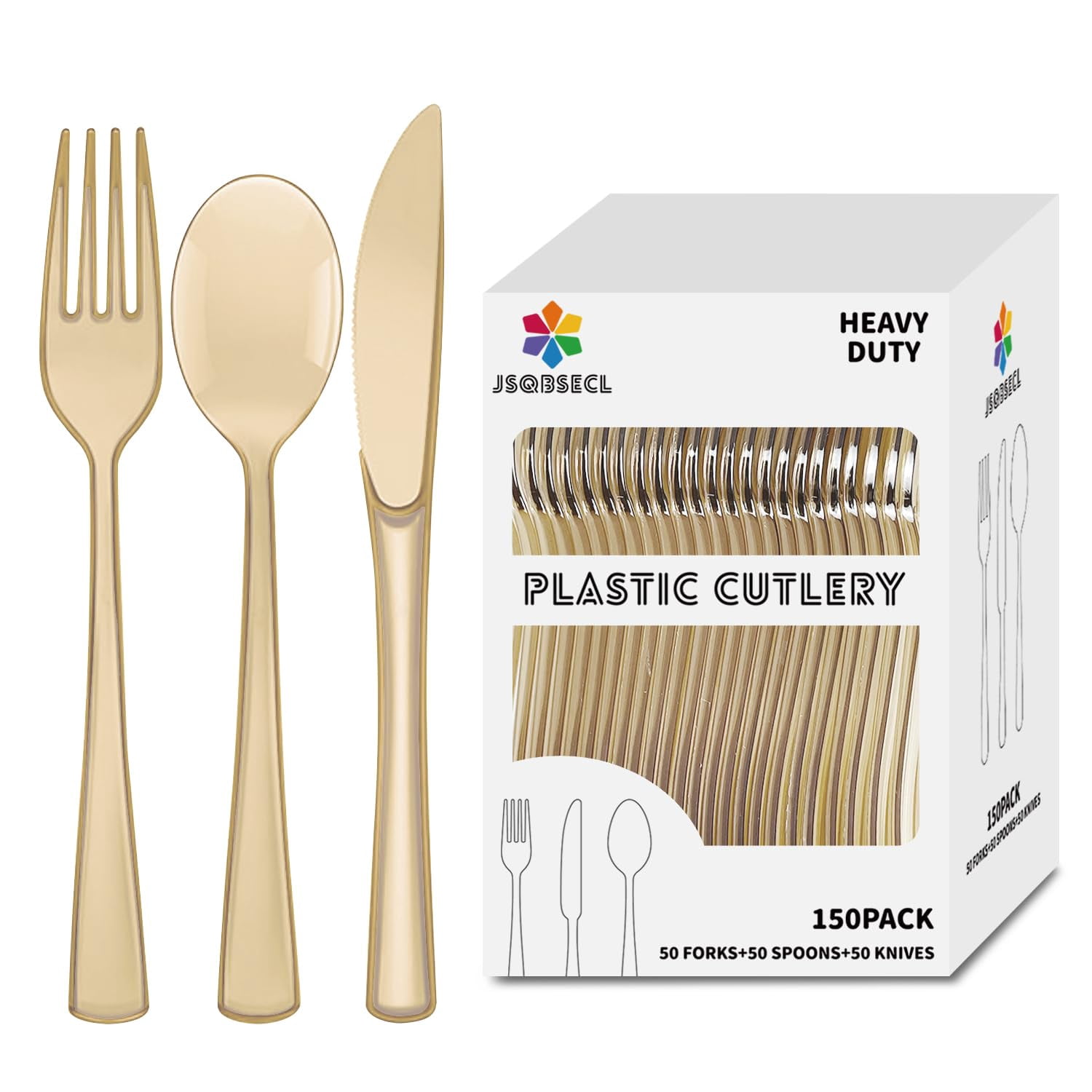 JSQBSECL 150 Pack Plastic Disposable Cutlery Set Heavy Duty Utensil ...