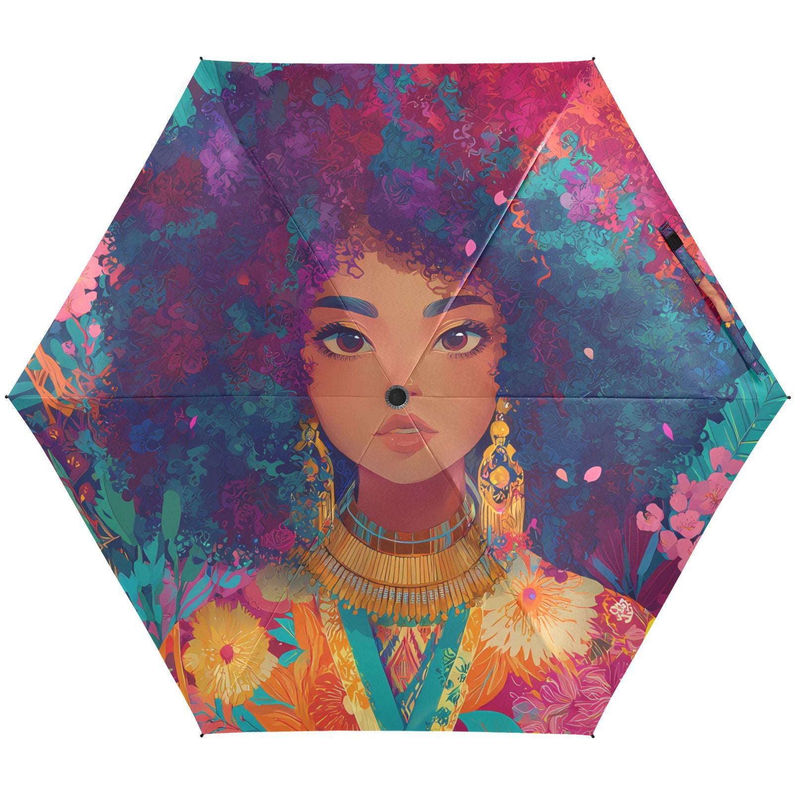 JSTEL African American Woman Art Folding Umbrella for Rain Sun Travel ...