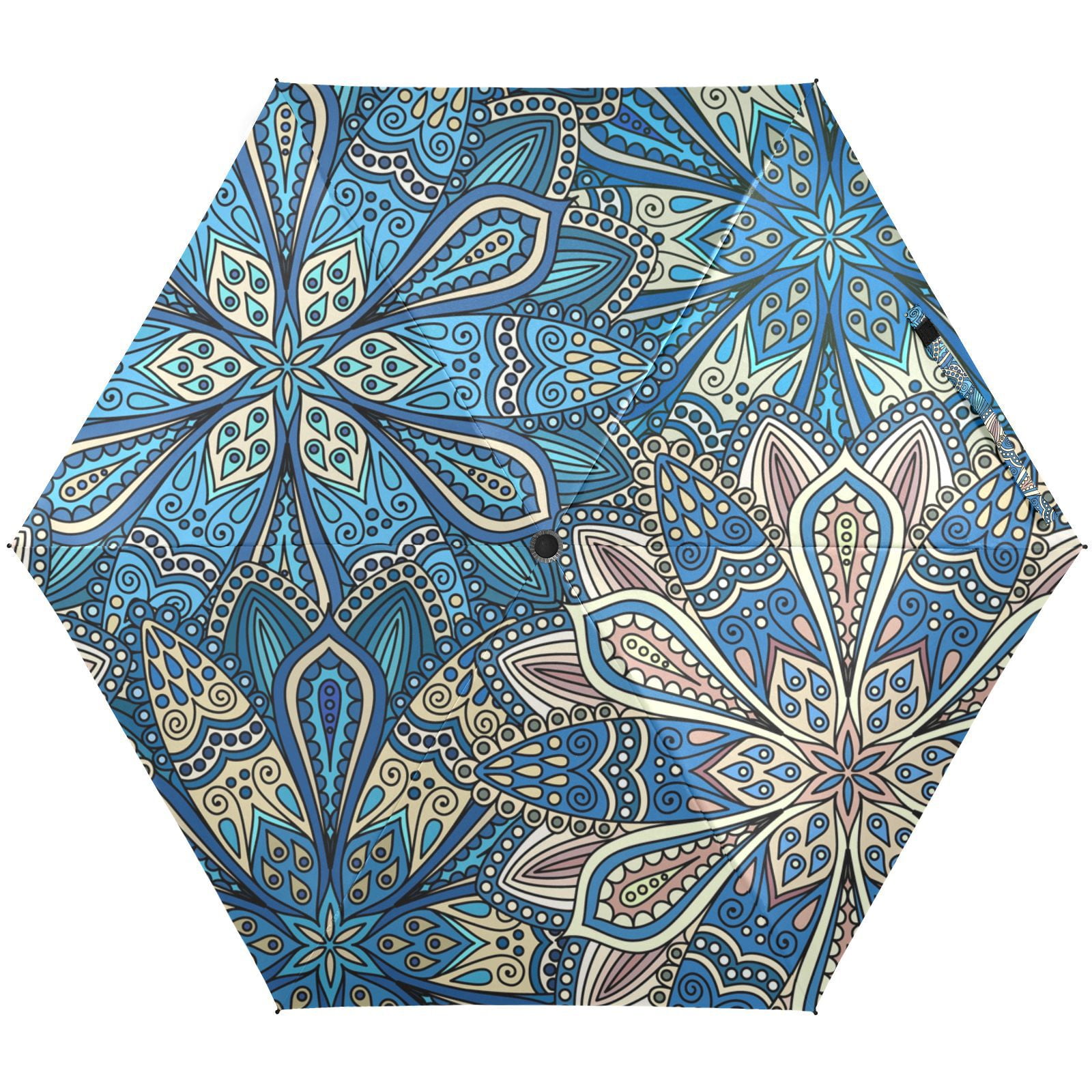 JSTEL Boho Chic Flower Geometric Blue Folding Umbrella for Rain Sun ...