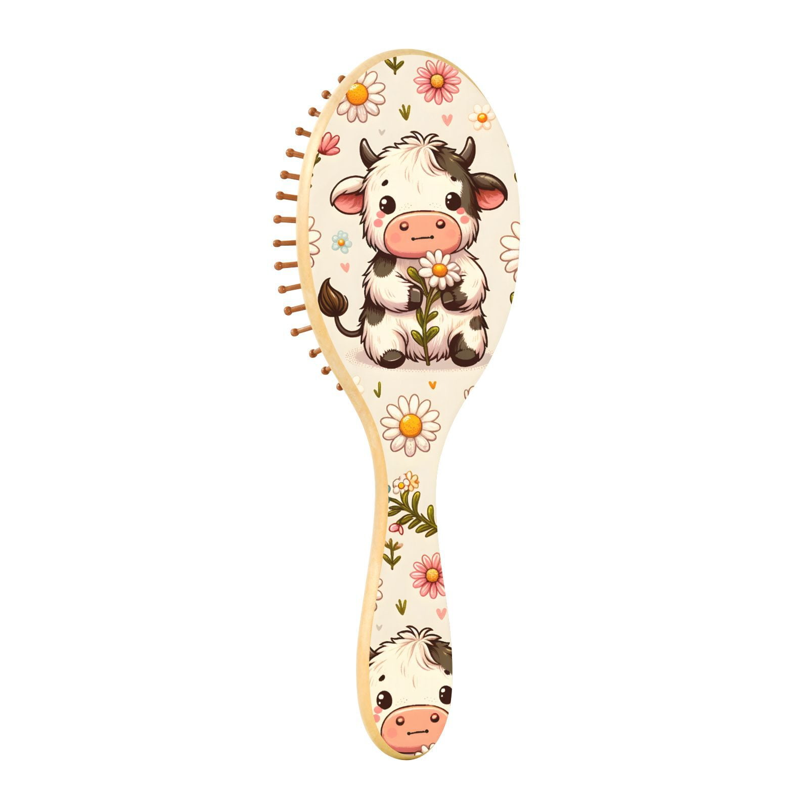 JSTEL Cute Cow Daisy Flower Hair Brush for Women Men Natural Wood ...