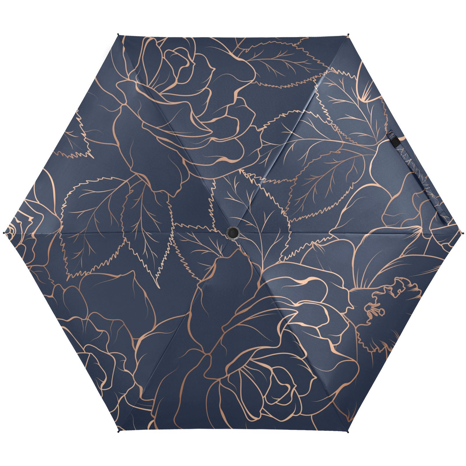 JSTEL Floral Rose Peony Flower Navy Blue Folding Umbrella for Rain Sun ...