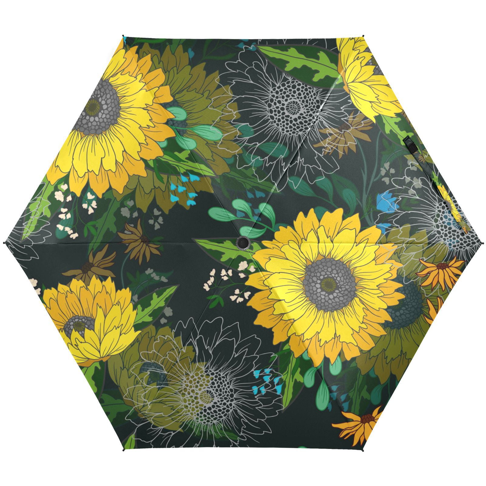 JSTEL Hand Drawn Sunflower & Daisy Floral Folding Umbrella for Rain Sun ...