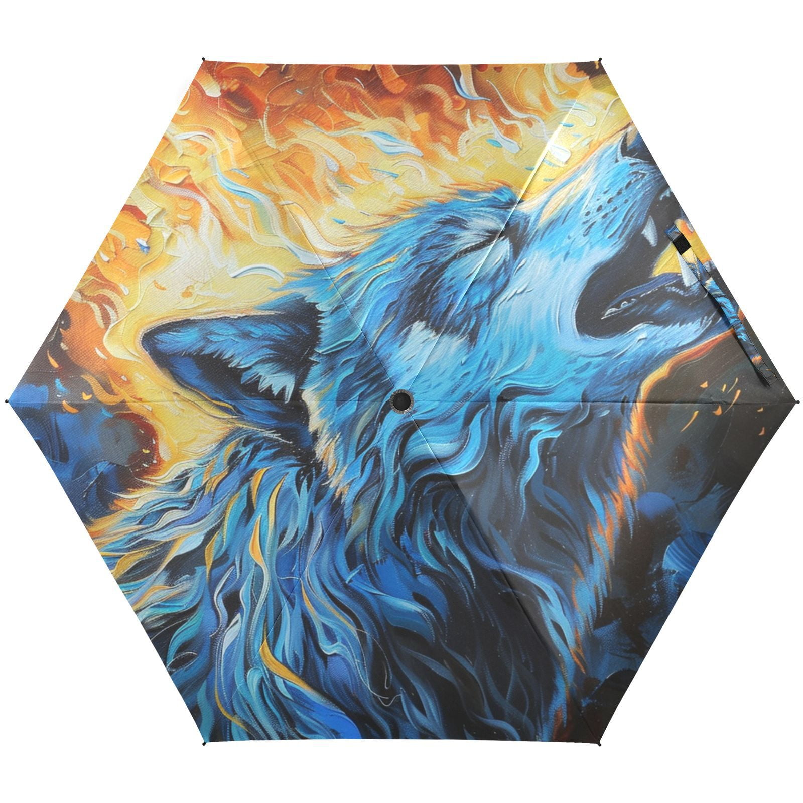 JSTEL Howling Wolf Fire Painting Folding Umbrella for Rain Sun Travel ...