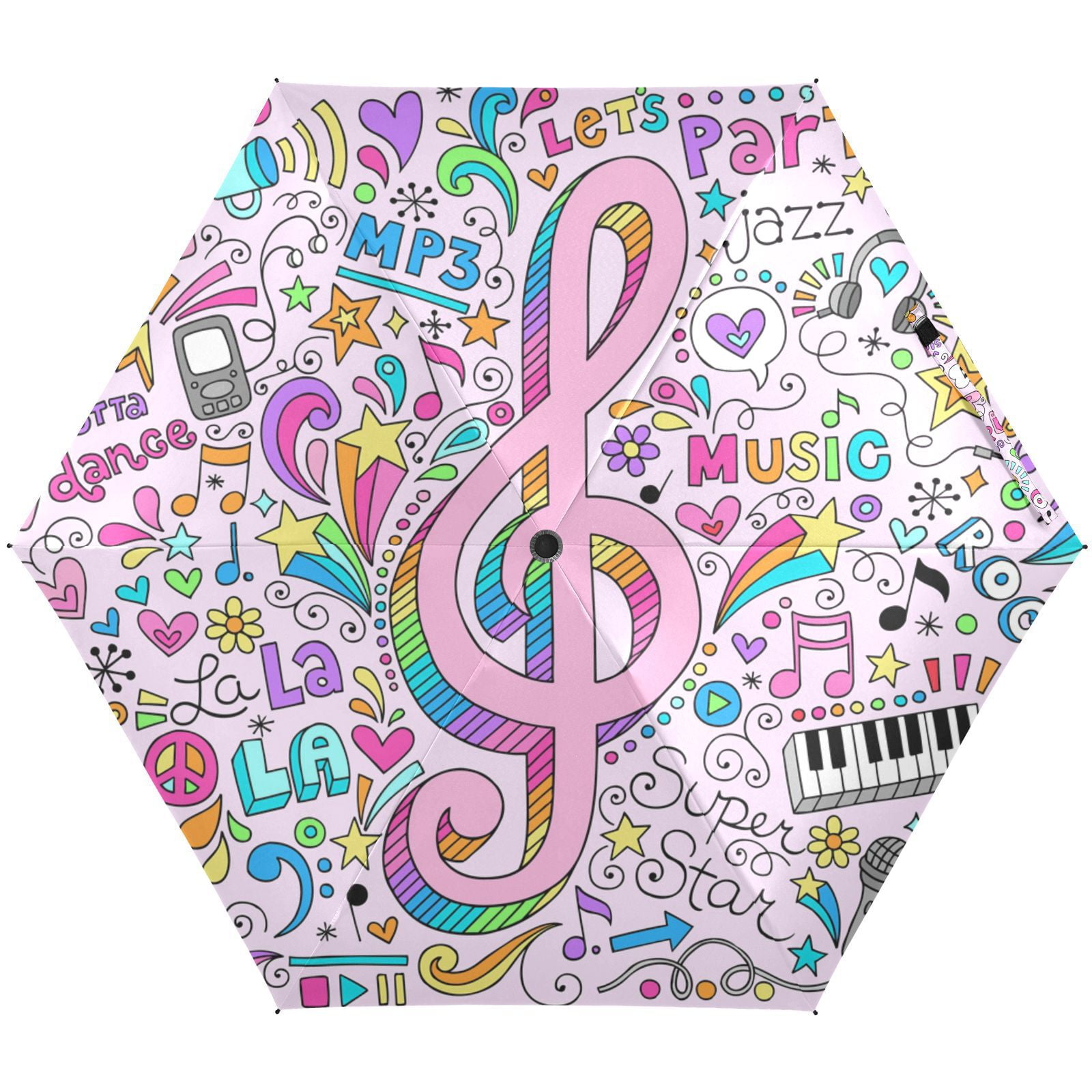 JSTEL Music Note Peace Love Sign Folding Umbrella for Rain Sun Travel ...