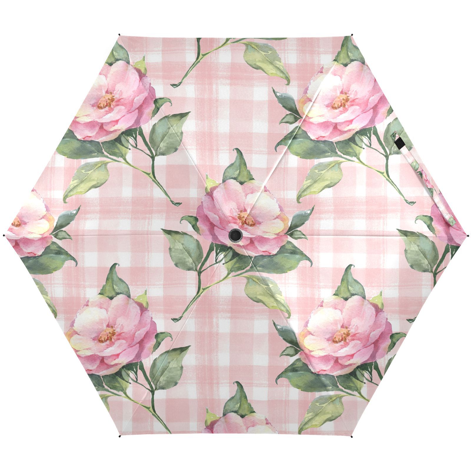 JSTEL Pink Rose Flower Floral Buffalo Plaid Checkered Folding Umbrella ...