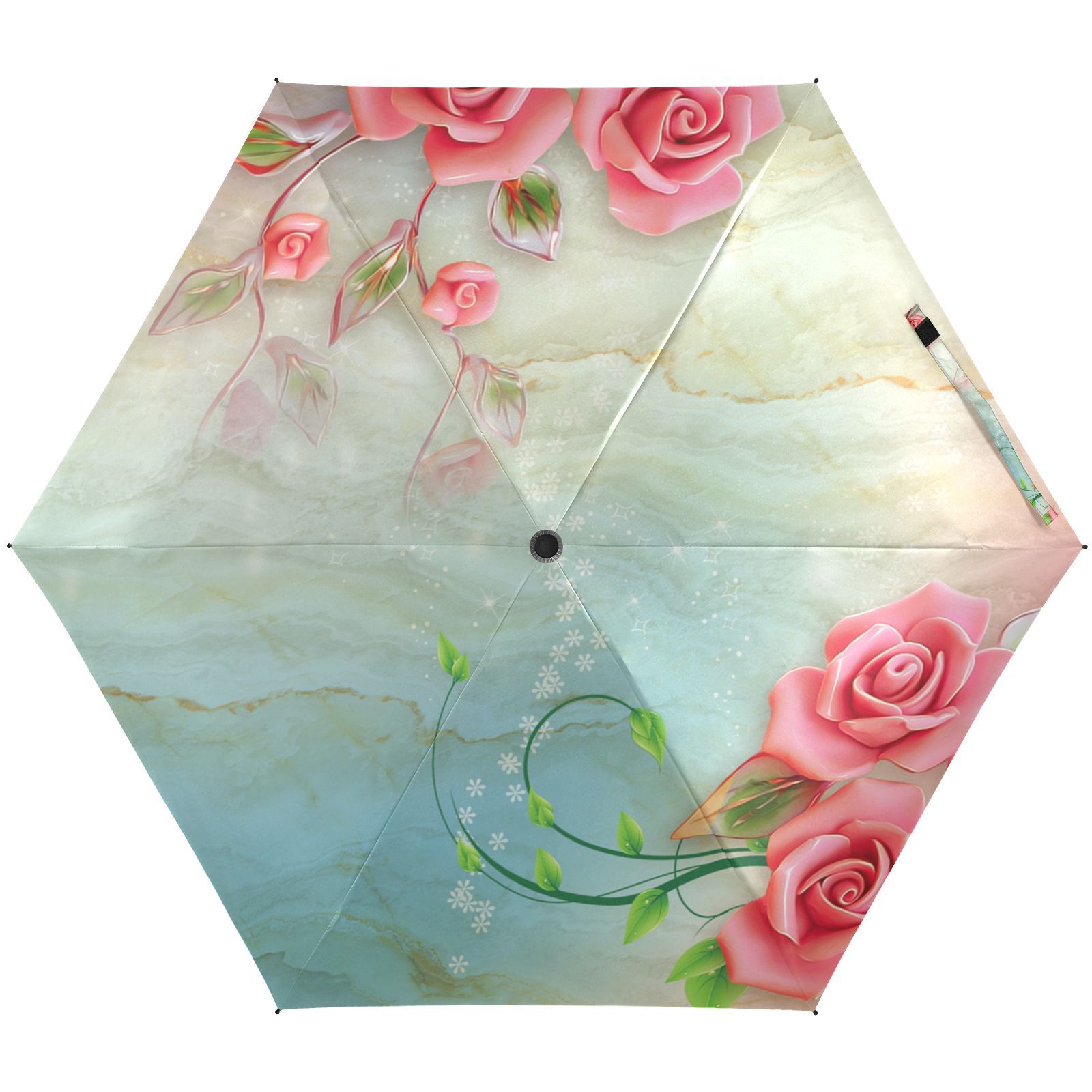 JSTEL Pink Rose Flowers Green Beige Marble Folding Umbrella for Rain ...