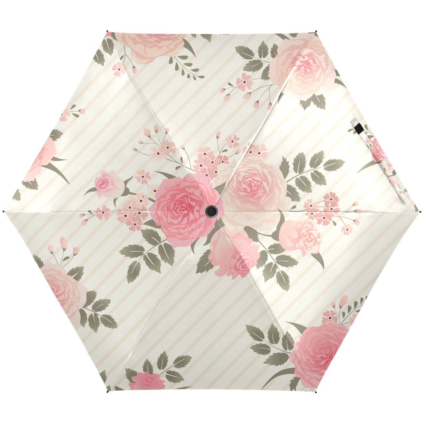 JSTEL Pink & Rose Gold Roses Flower Striped Vintage Folding Umbrella ...