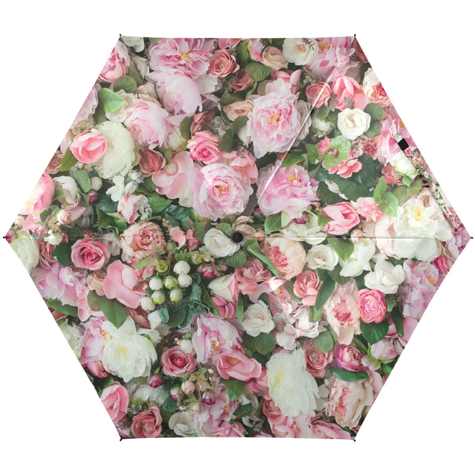 JSTEL Pink Rose White Flowers Floral Folding Umbrella for Rain Sun ...