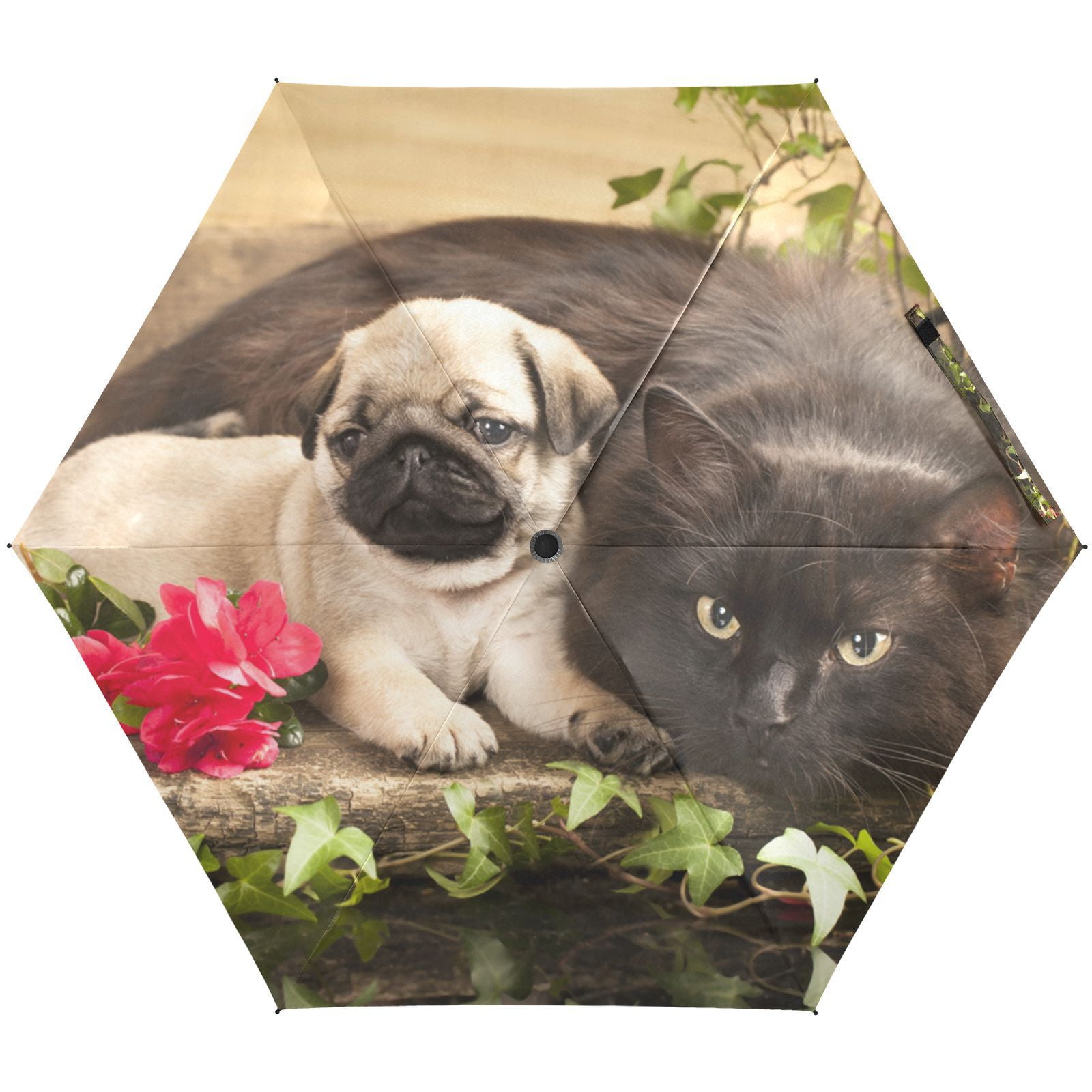 JSTEL Pug Dog Cat Animal Folding Umbrella for Rain Sun Travel Mini ...
