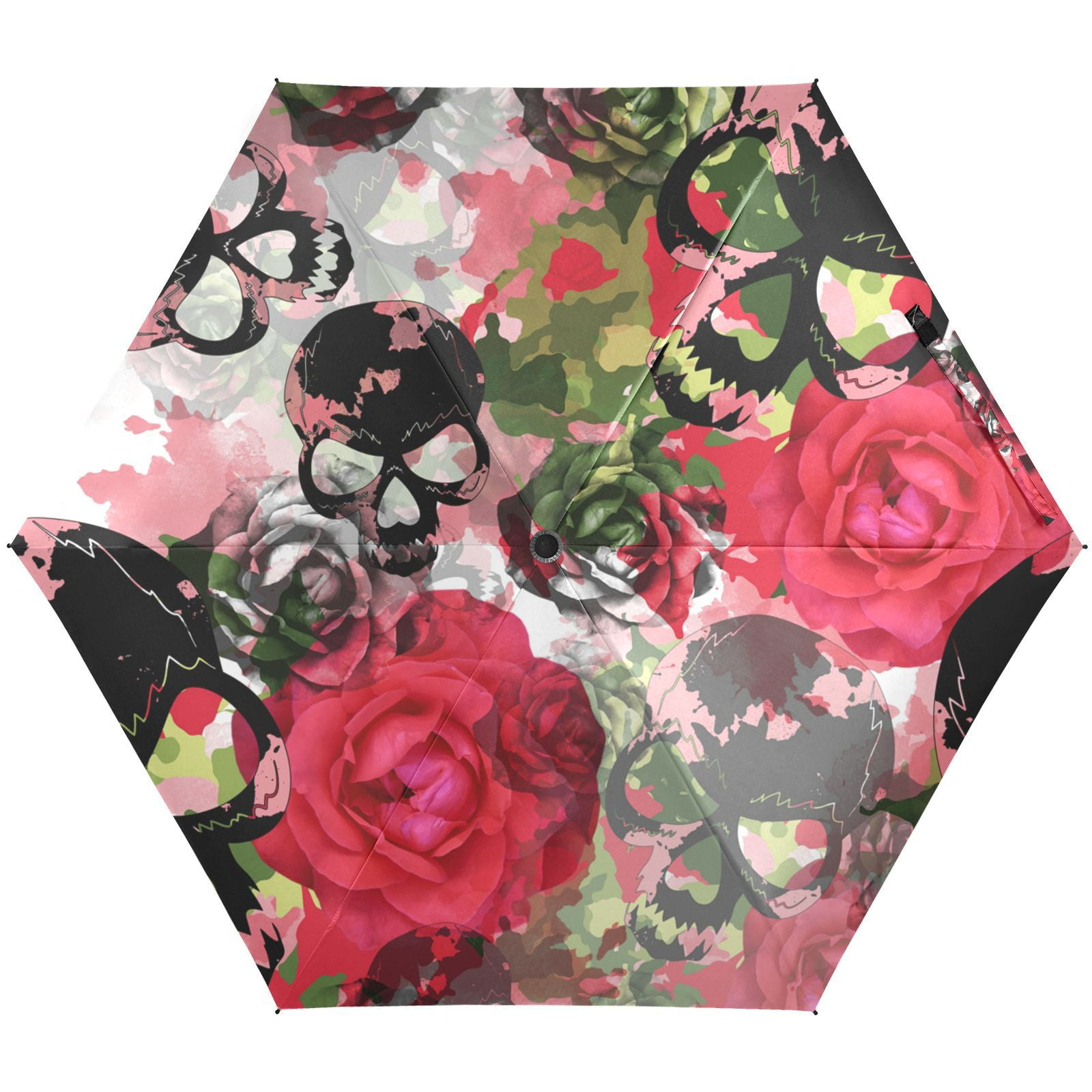 JSTEL Red Rose Flowers & Skull Art Folding Umbrella for Rain Sun Travel ...