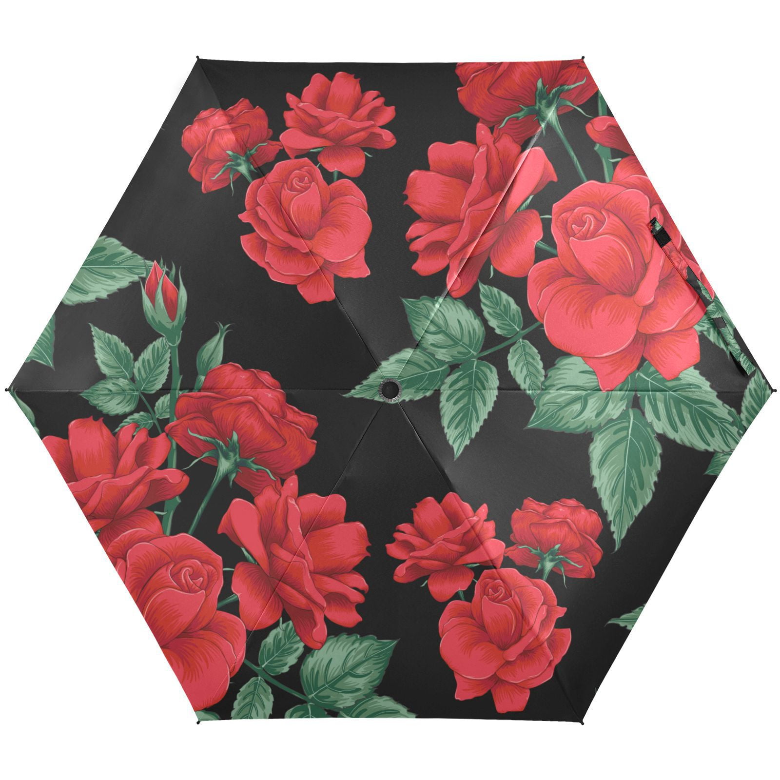 JSTEL Red Rose Flowers W/ Leaves Folding Umbrella for Rain Sun Travel ...