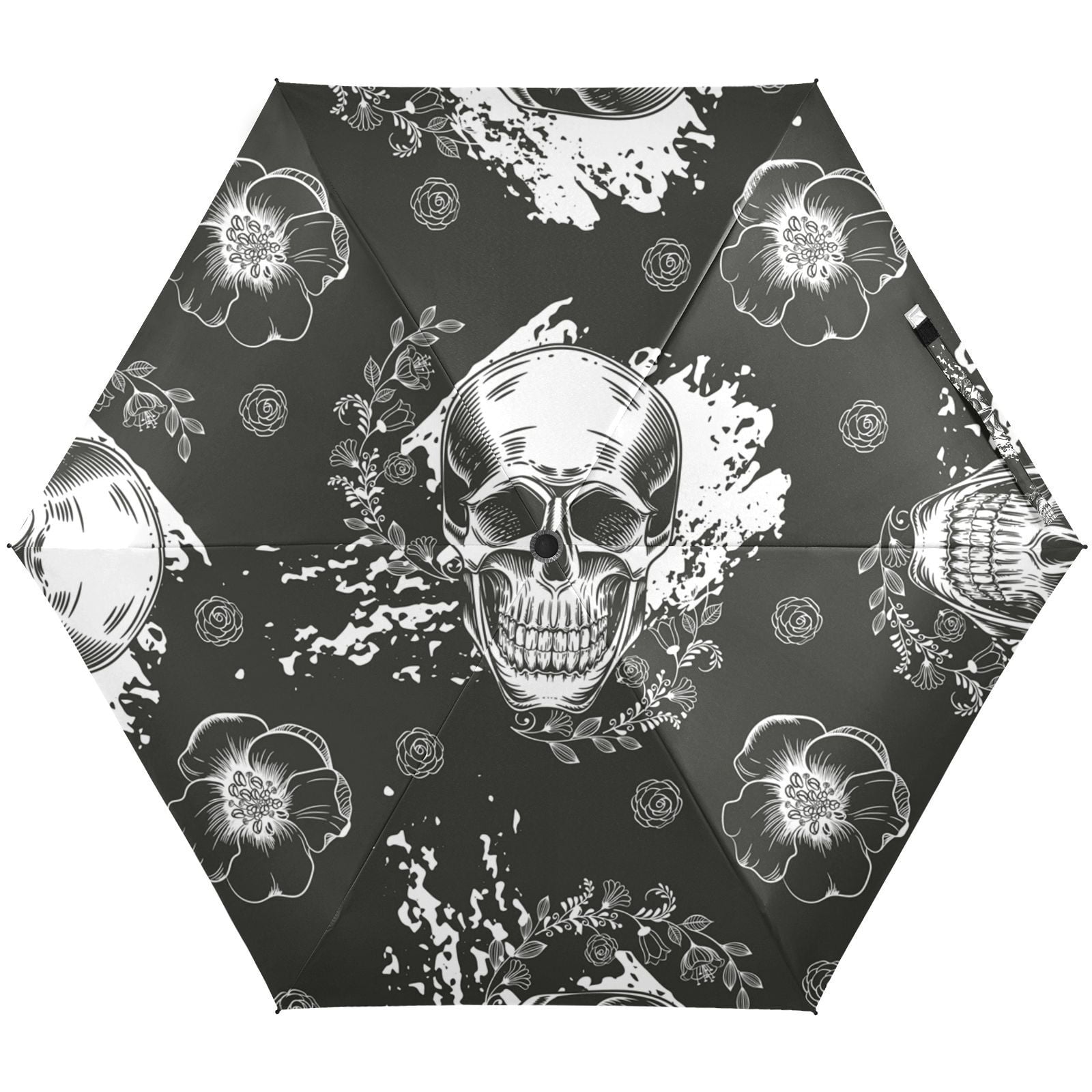 JSTEL Skull Flowers Blots Folding Umbrella for Rain Sun Travel Mini ...