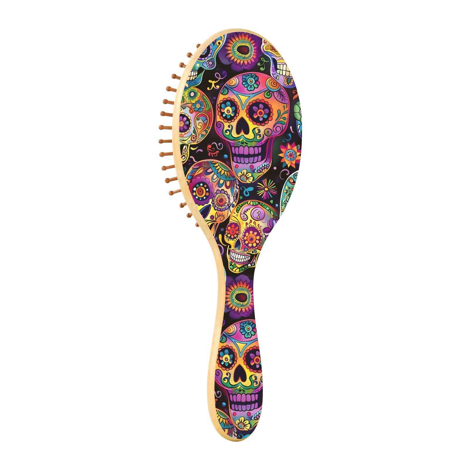 JSTEL Sugar Skulls Day Of Dead Hair Brush for Women Men Natural Wood ...