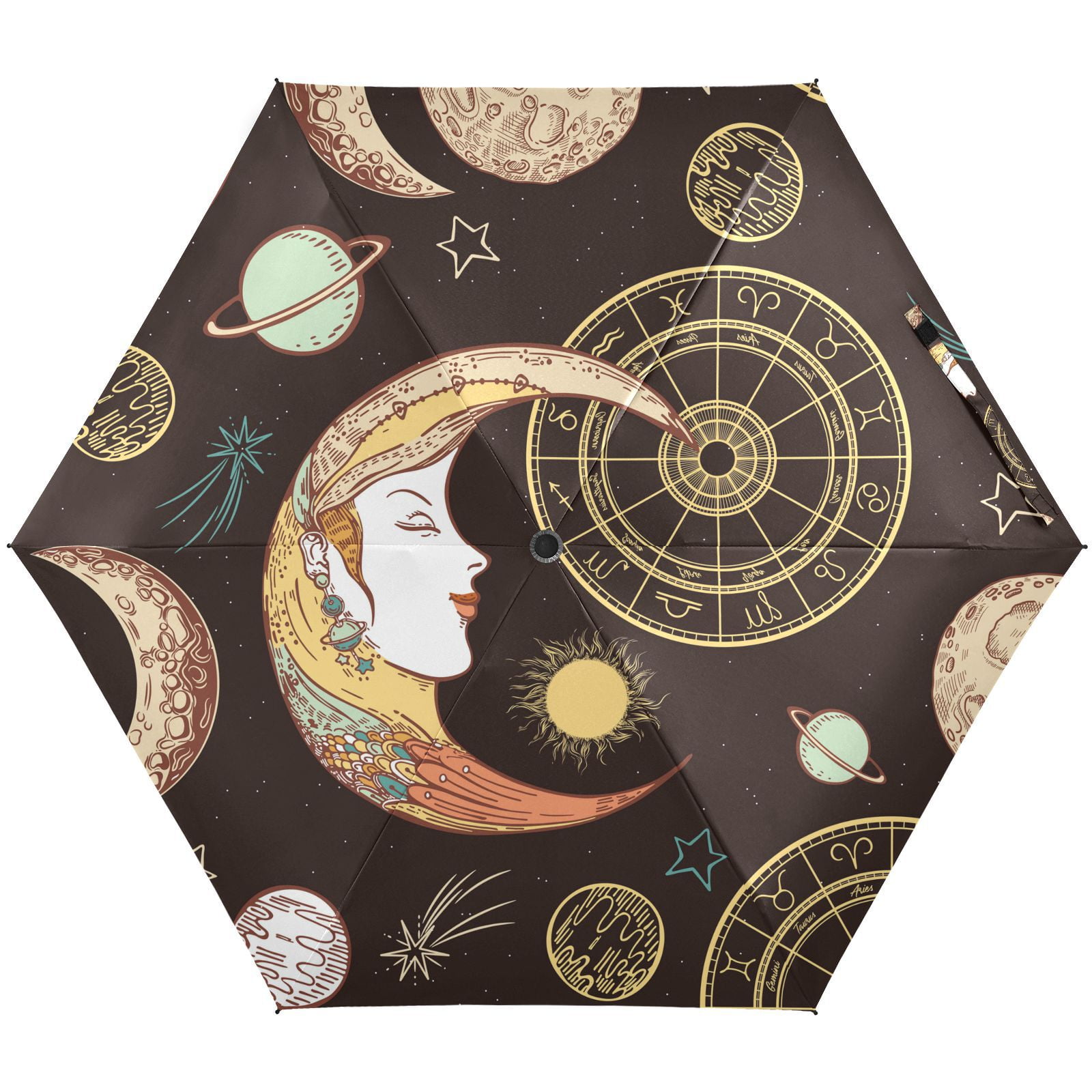 JSTEL Sun Crescent Moon Face Astrology Boho Folding Umbrella for Rain ...
