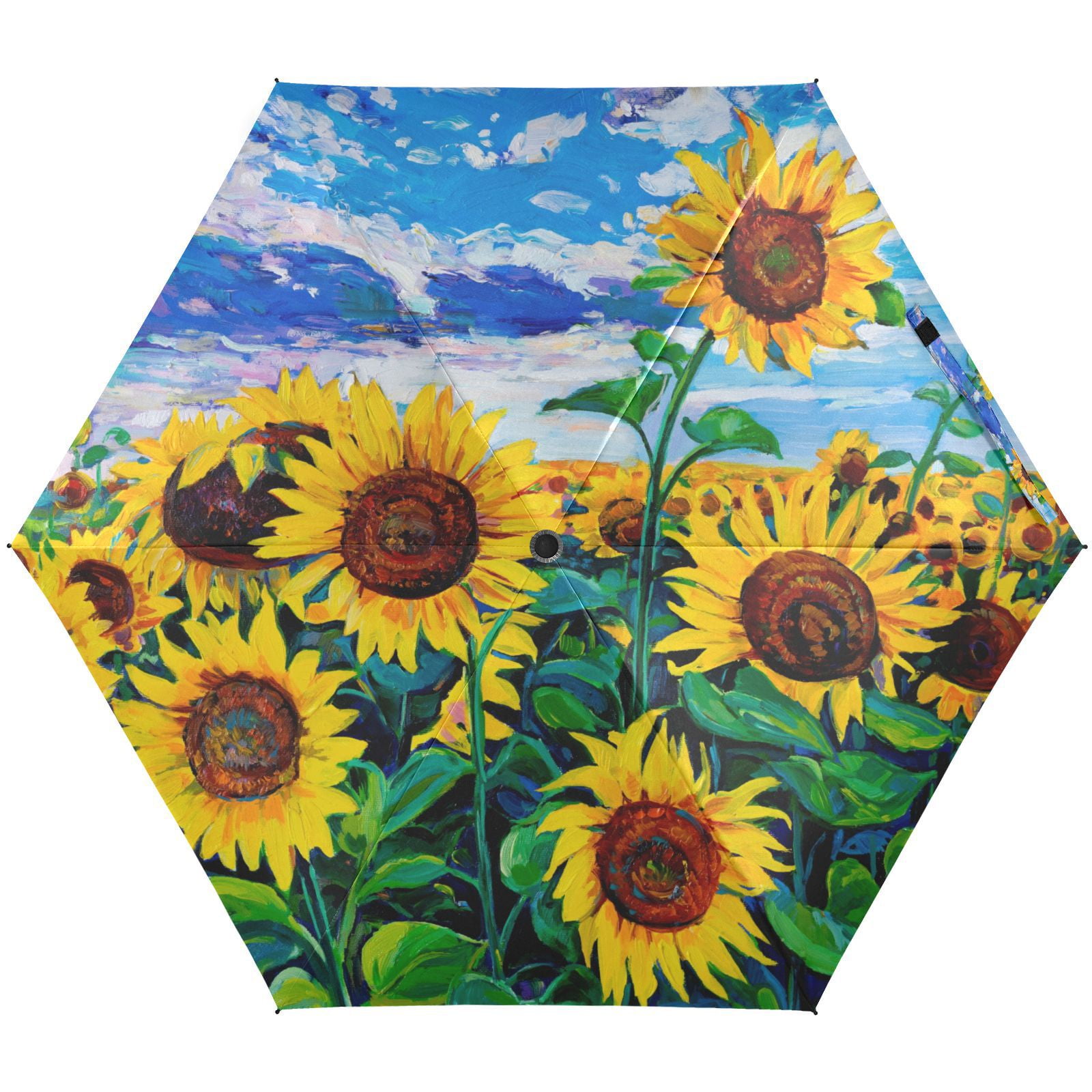 JSTEL Sunflower Field Painting Floral Folding Umbrella for Rain Sun ...