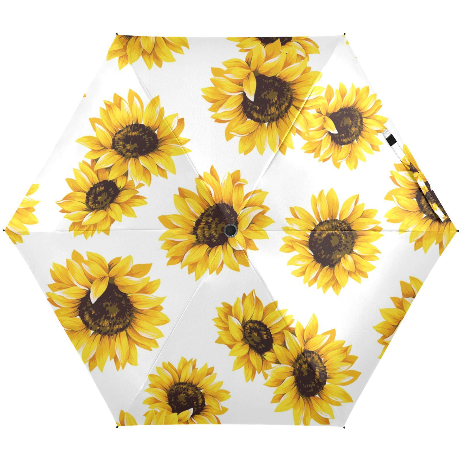 JSTEL Sunflower Print Flower Floral White Folding Umbrella for Rain Sun ...