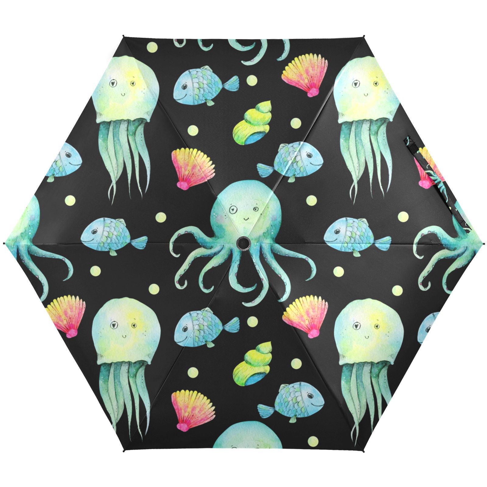 JSTEL Watercolor Octopus Shells Jellyfish Folding Umbrella for Rain Sun ...