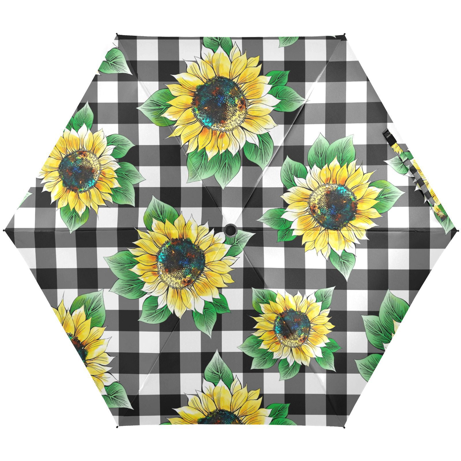 JSTEL Yellow Flower Buffalo Plaid Folding Umbrella for Rain Sun Travel ...