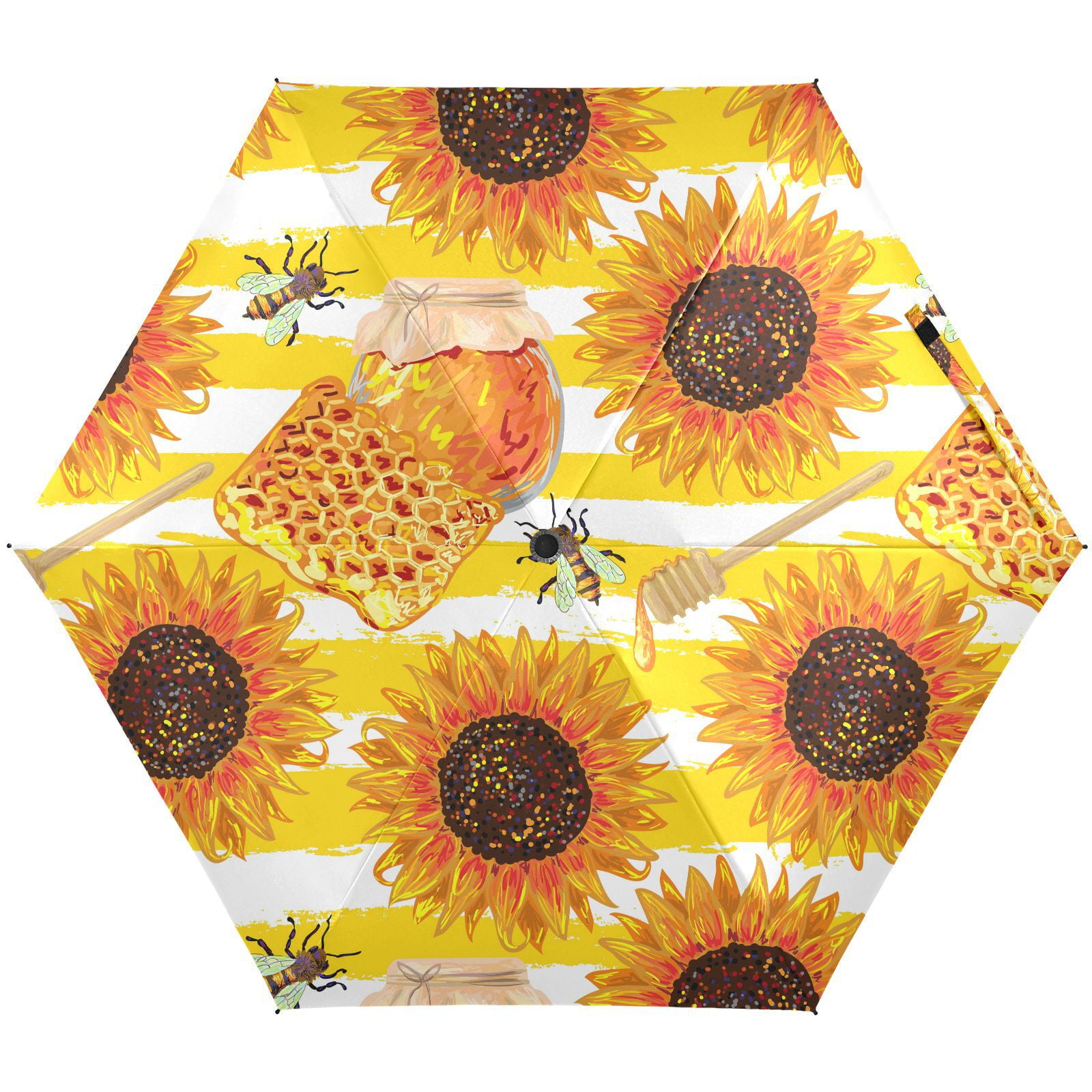 JSTEL Yellow Sunflower Bee Stripe Folding Umbrella for Rain Sun Travel ...