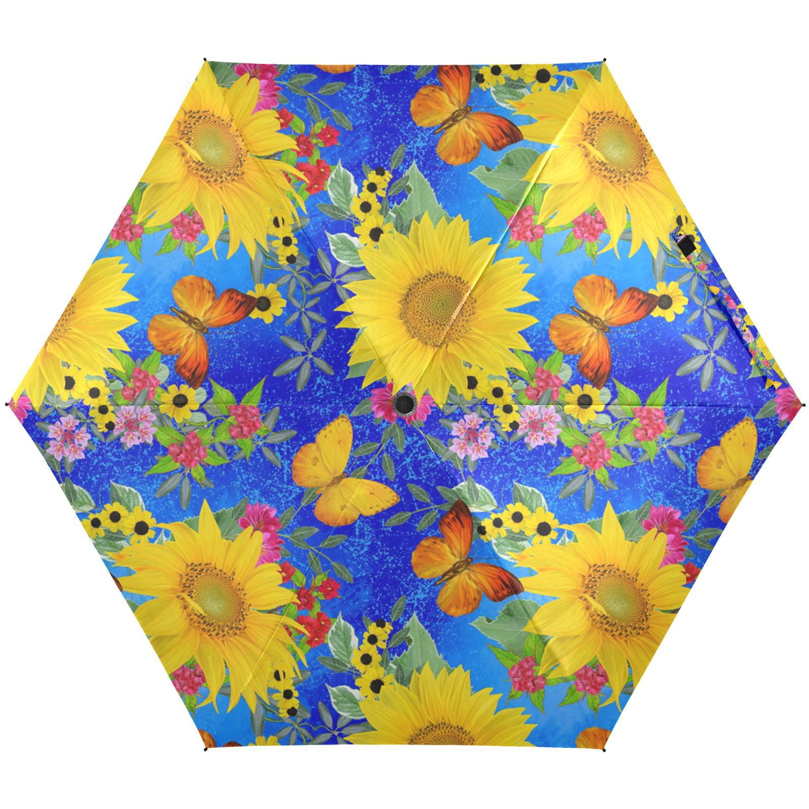 JSTEL Yellow Sunflowers Flowers Butterfly Folding Umbrella for Rain Sun ...