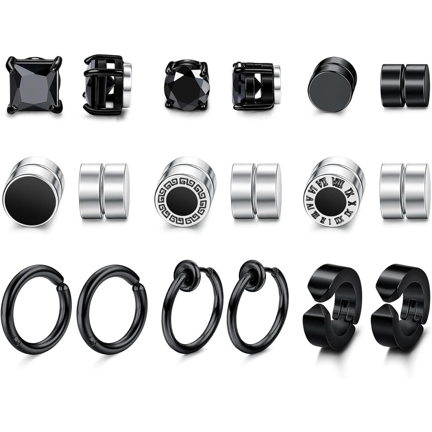 JSTYLE 9 Pairs Magnetic Earrings for Men Women Non Pierced Silver 316L ...