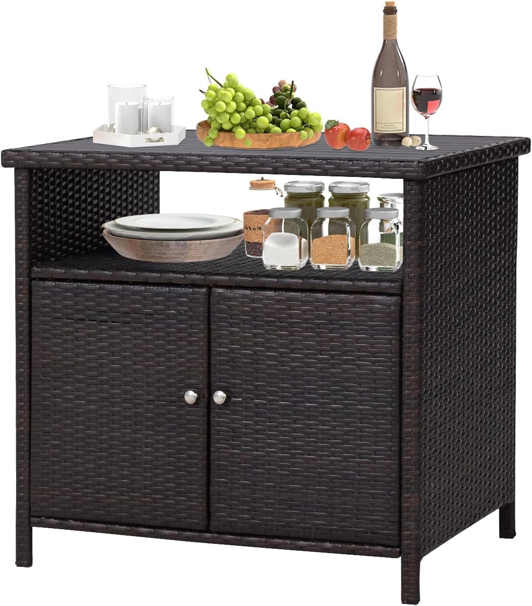 JSUN7 Outdoor Wicker Storage Cabinet - Patio Bar Table with Storage and ...