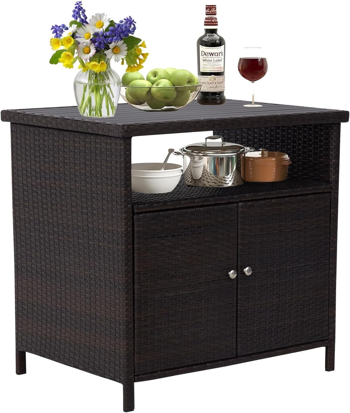 JSUN7 Outdoor Wicker Storage Cabinet - Patio Bar Table with Storage and ...