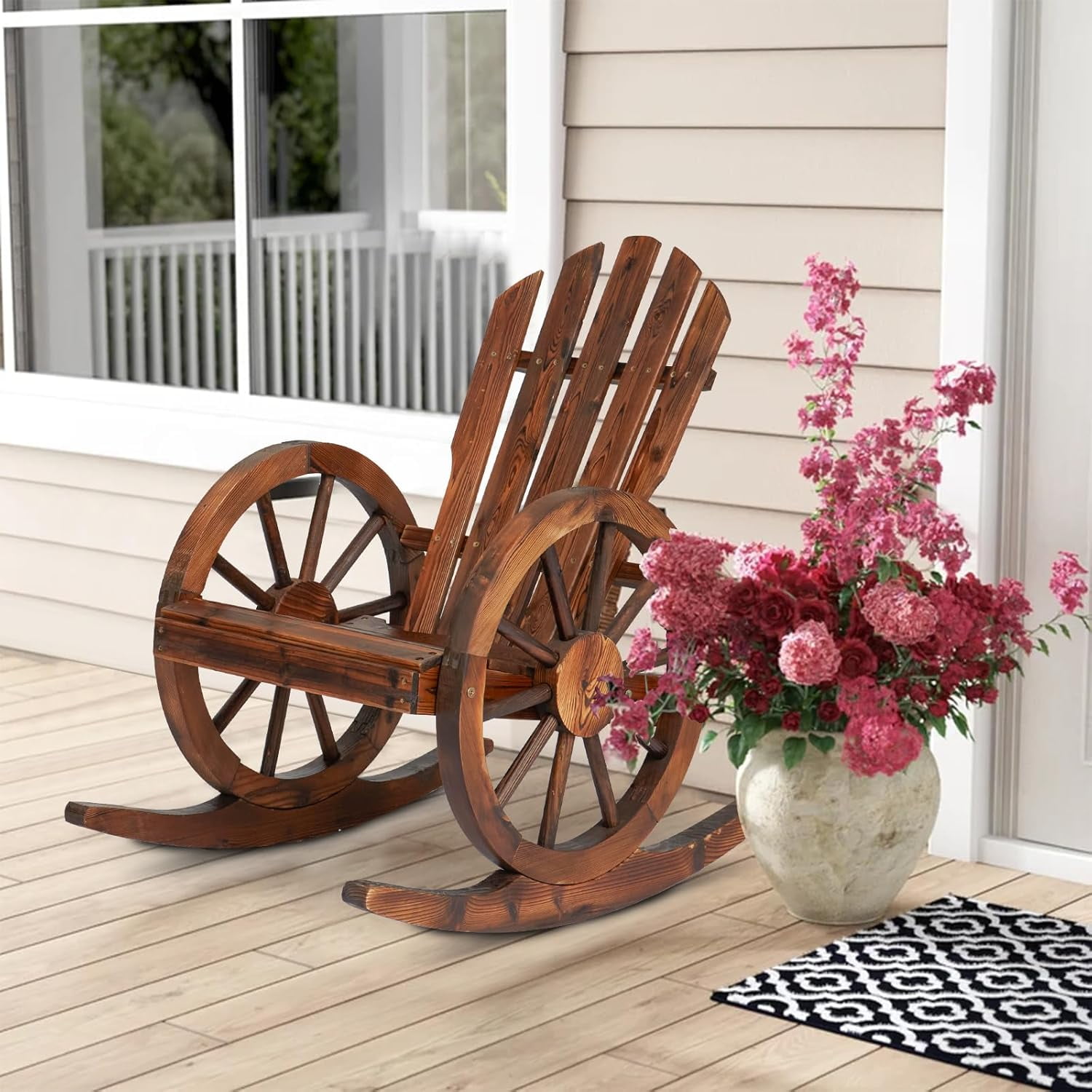 JSUN7 Outdoor Wooden Rocking Chair Rustic Wagon Rocker Chair with Wheel ...