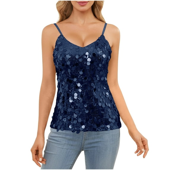 JSheng Sequin Tank Top for Women Solid Color Carnival Casual Round Neck ...