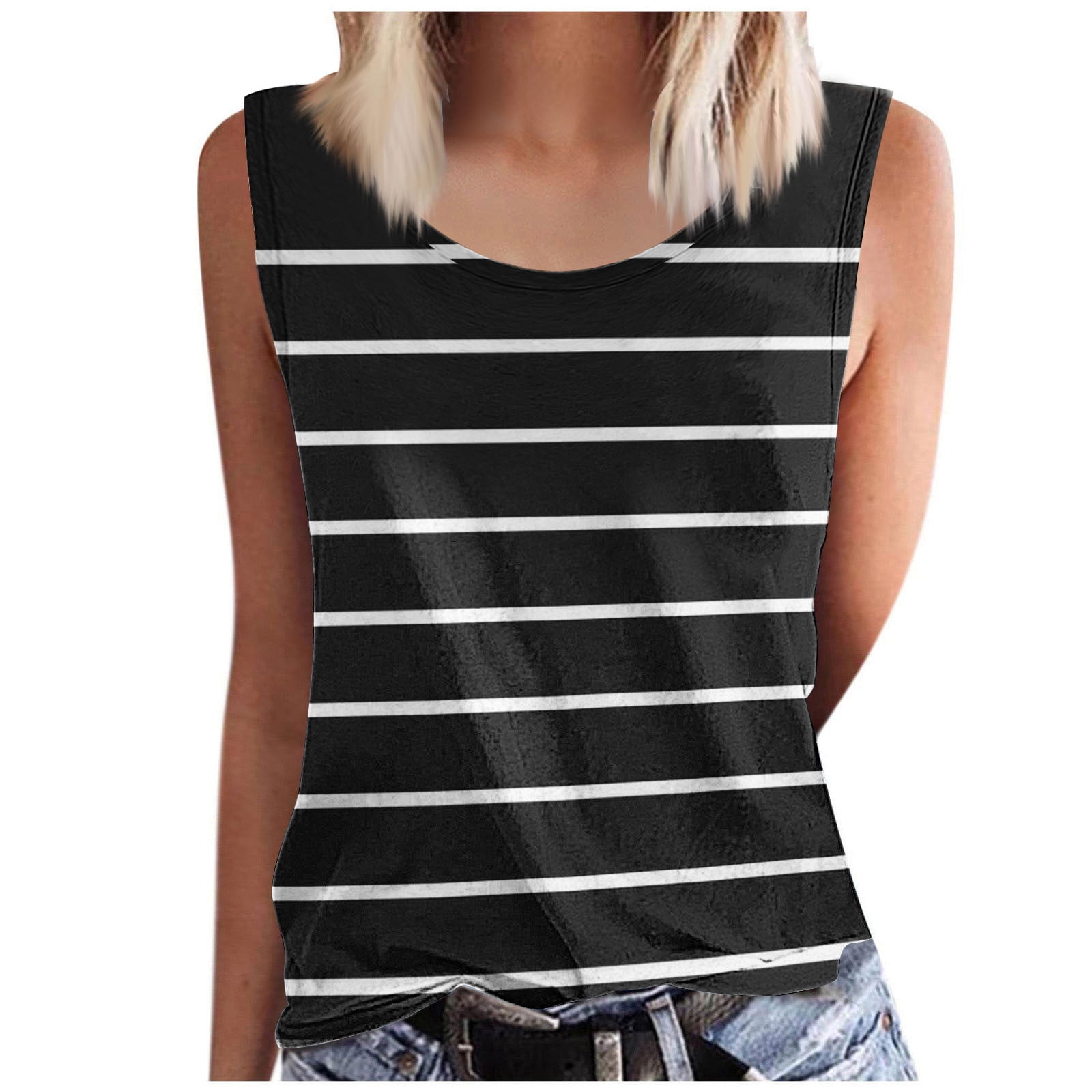 JSheng Summer Striped Tank Tops for Women Fashion Summer Striped Round ...
