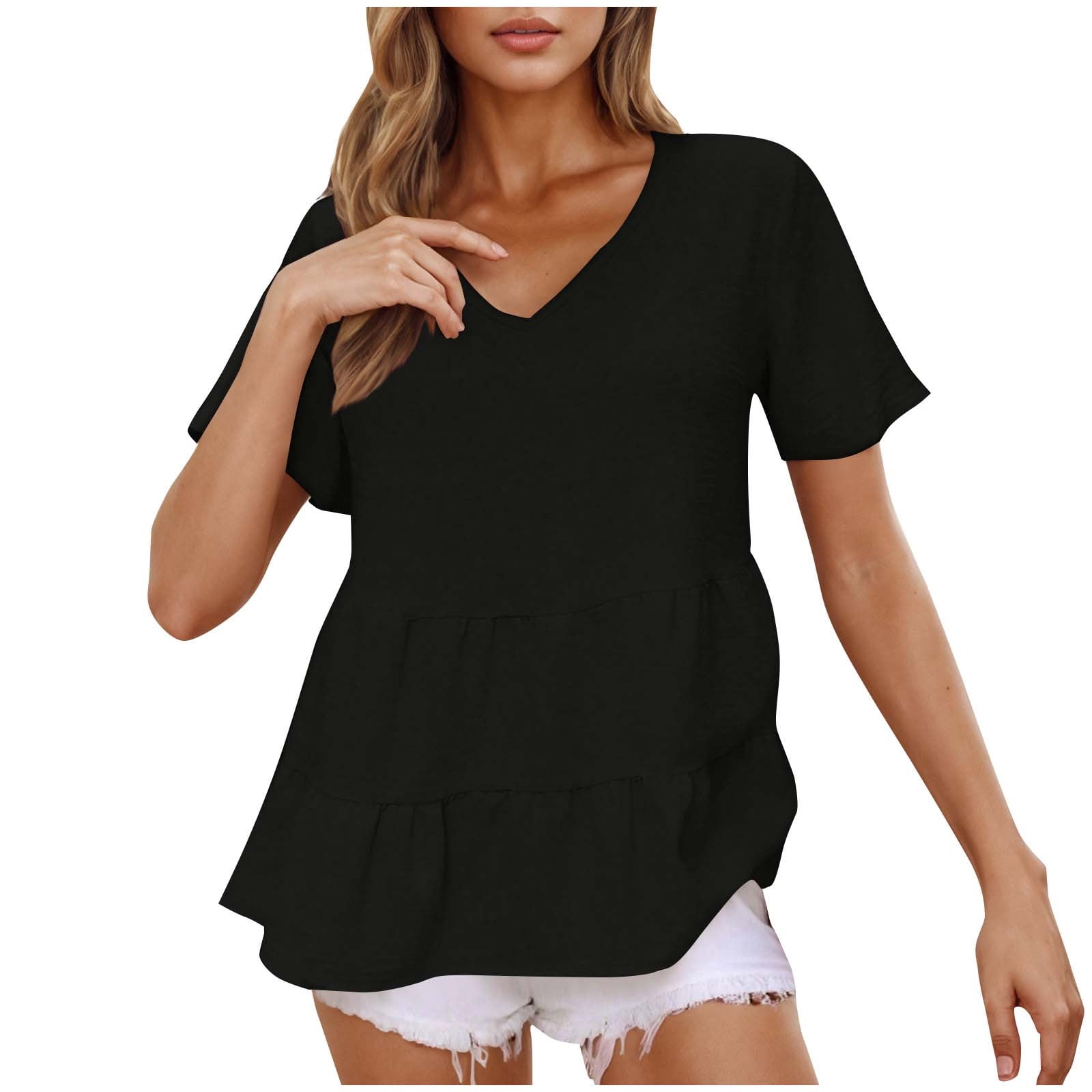 JSheng Women Tops Summer New 2025 Fashion Women's Summer T-shirt Short Sleeve Solid V-Neck Top ...