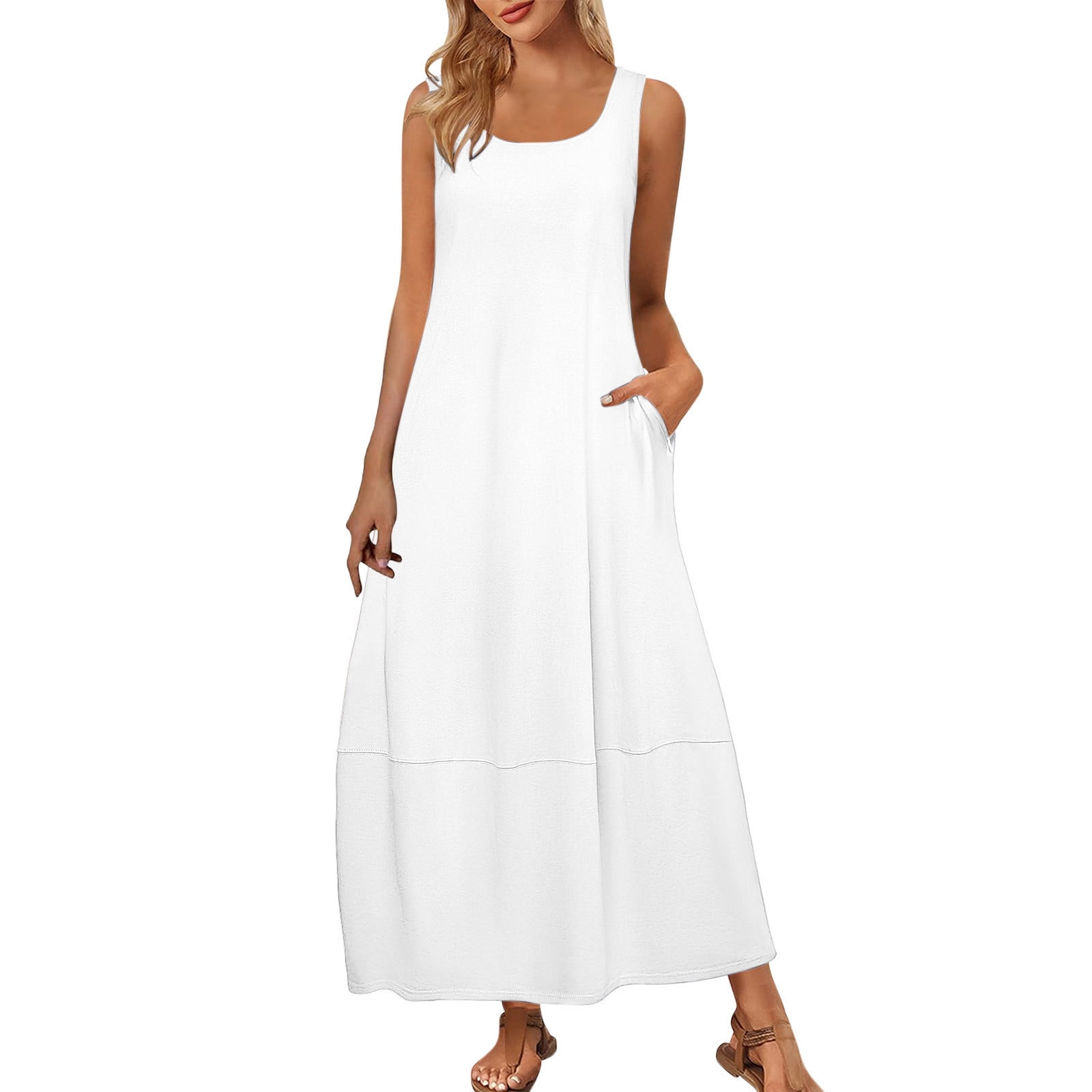 JSheng Women's Casual Maxi Dress Summer Solid Color Crew Neck Sleeveless Pocket Long Dress White ...