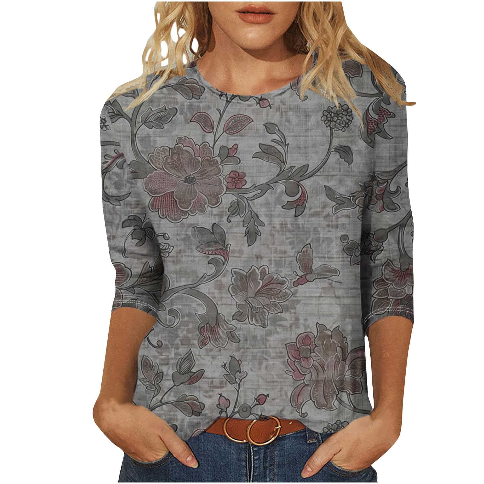 JSheng Women's New Floral Print Tops New Crew-neck 3/4 Sleeve Floral ...