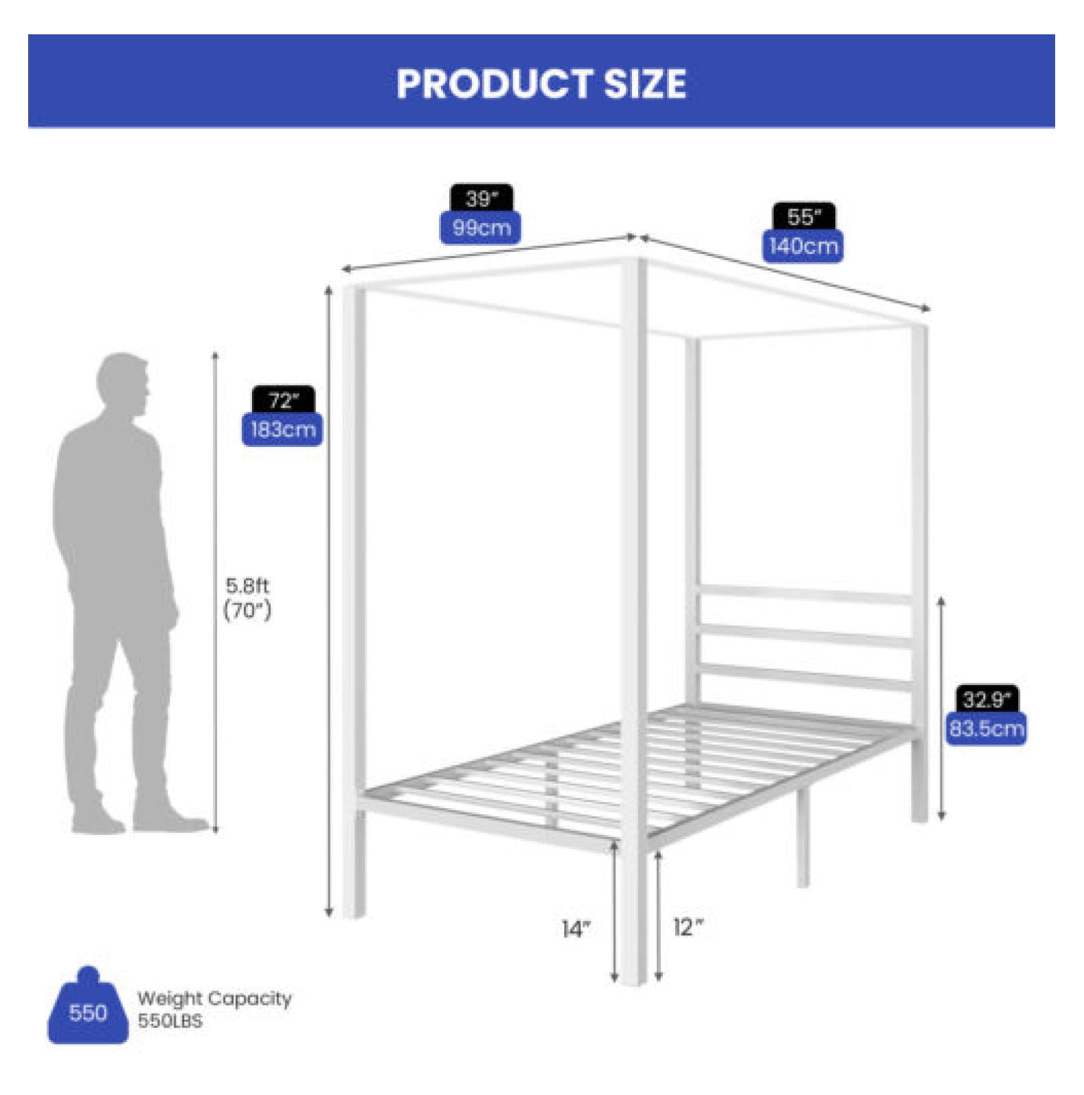 JTAOT 14" Metal Canopy Bed Frame Platform with Built in Headboard ...