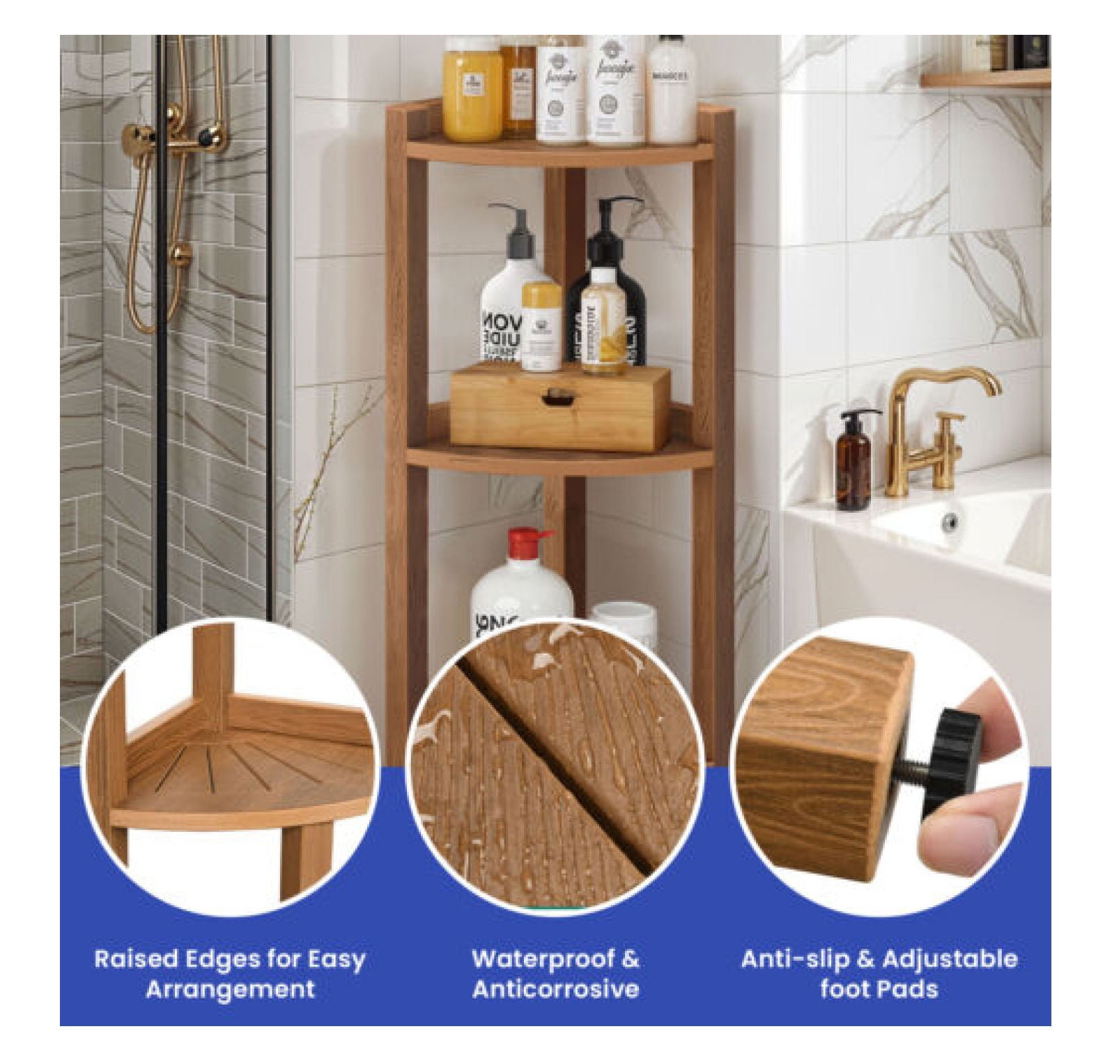 JTAOT 3 Tier Bathroom Corner Shelf Waterproof Anti Mold Storage Bench ...